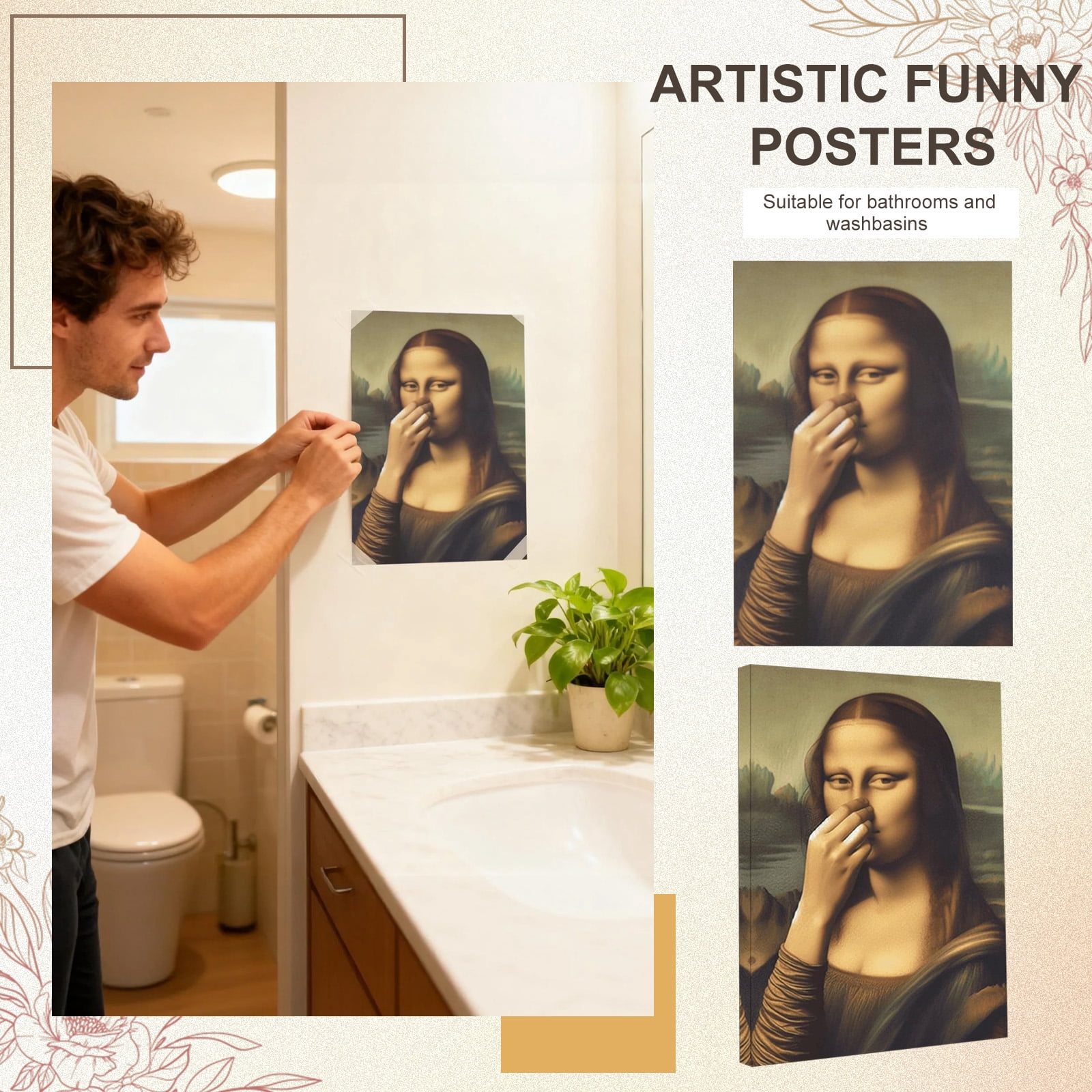Piece Mimics Mona Lisa Bathroom Wall, Funny Mona Lisa Holding Her Nose ...