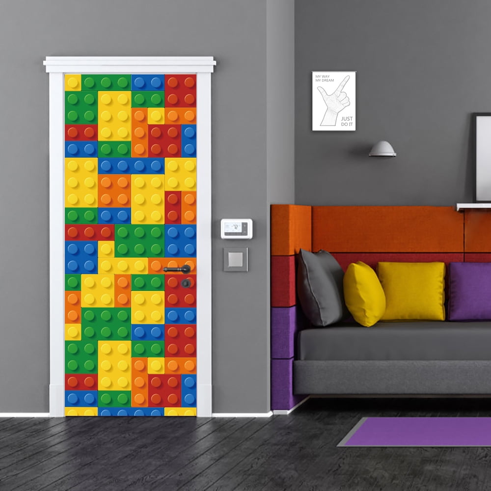 Pieced Blocks House 3D Door Sticker Living Room r Vintage Wooden Grain ...