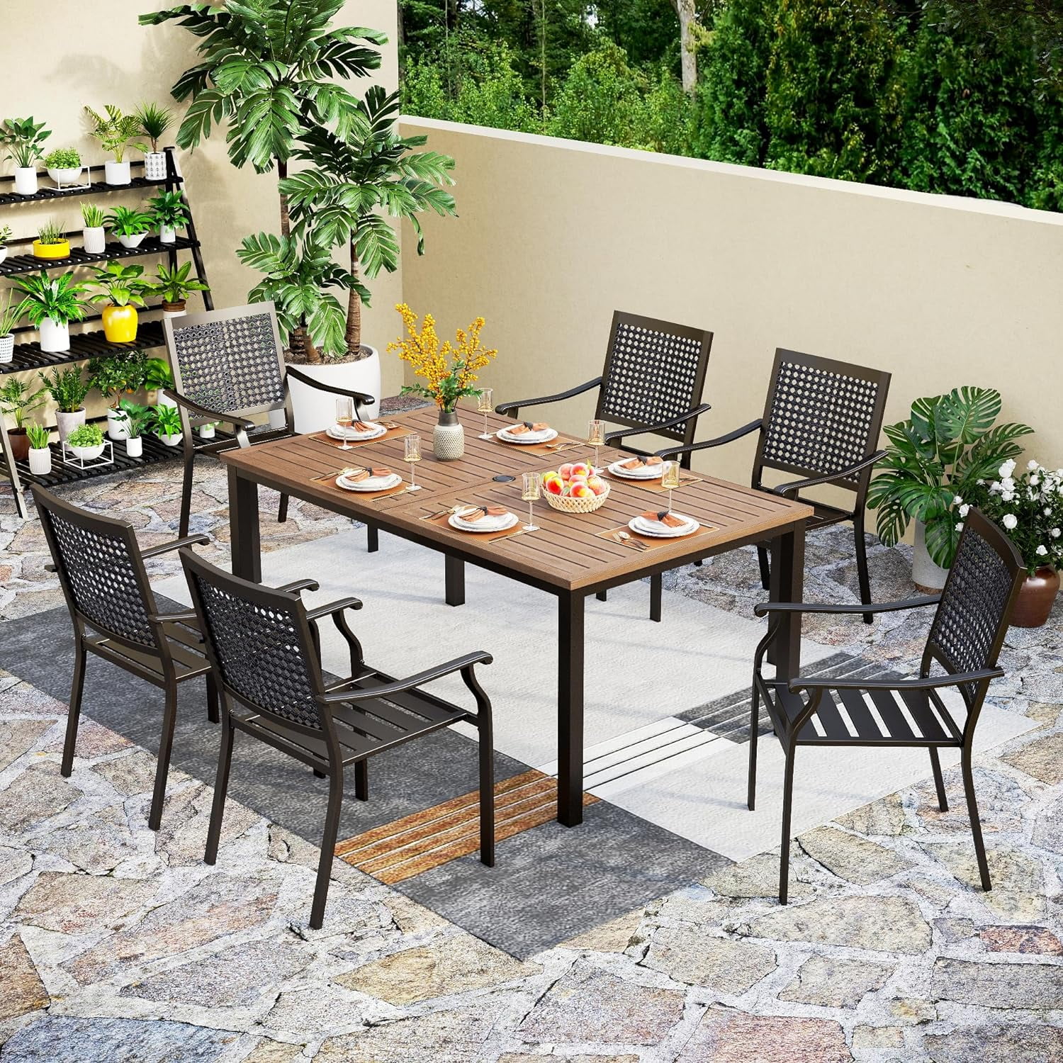 Pieces Outdoor Dining Set with 65" Wood-Like Metal Table & Stackable ...