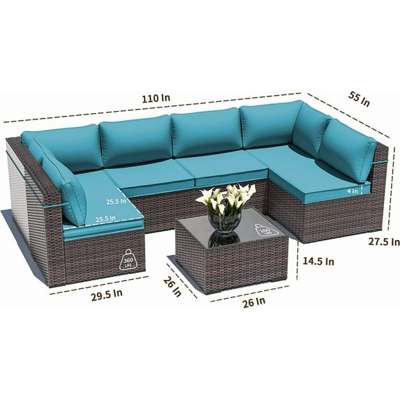 Pieces Outdoor Sectional Furniture Set with Tempered Glass Table & Cushions - All-Weather PE ...