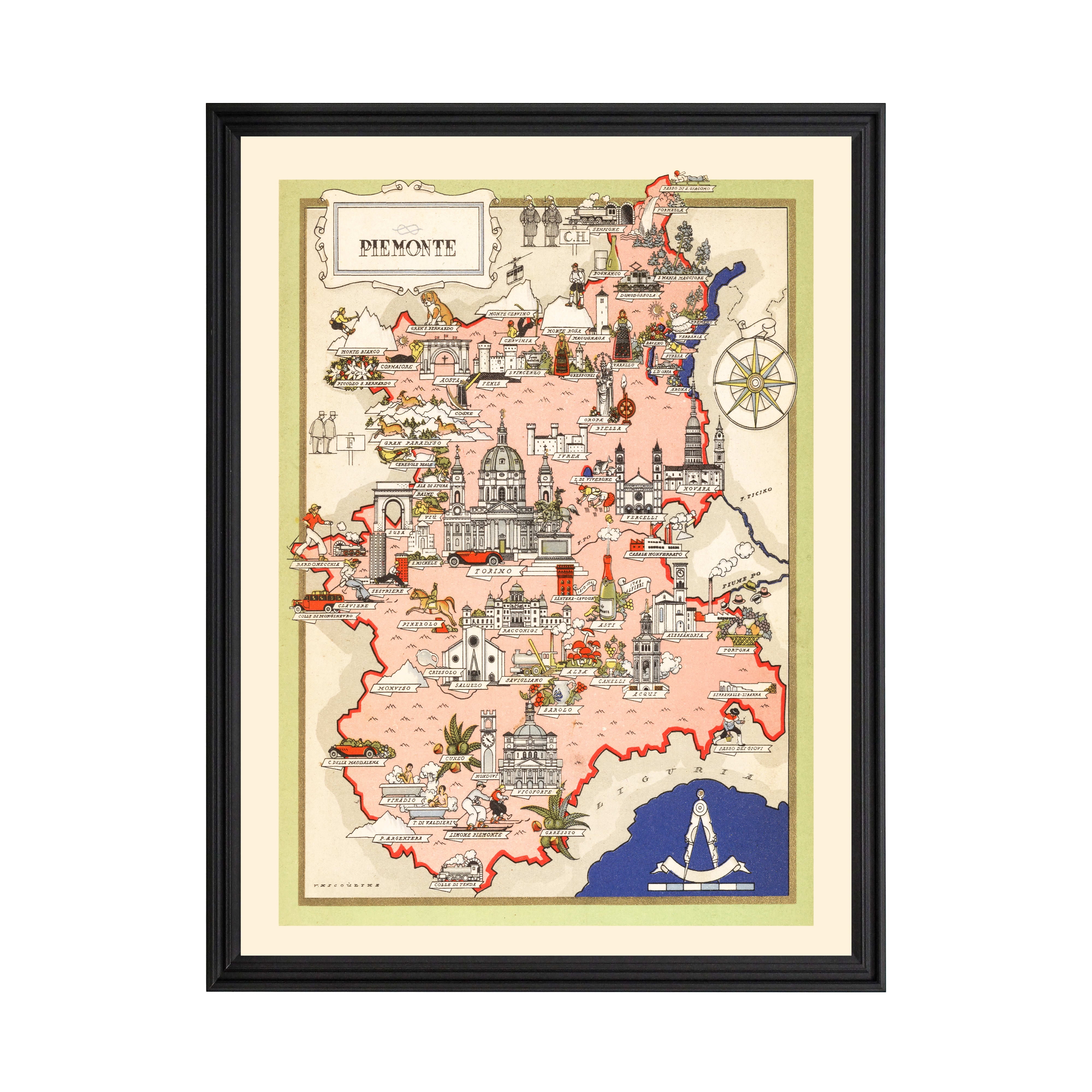 Piemonte Italy Italy Art, 1938 Vintage Map of Piemonte Italy Italy ...