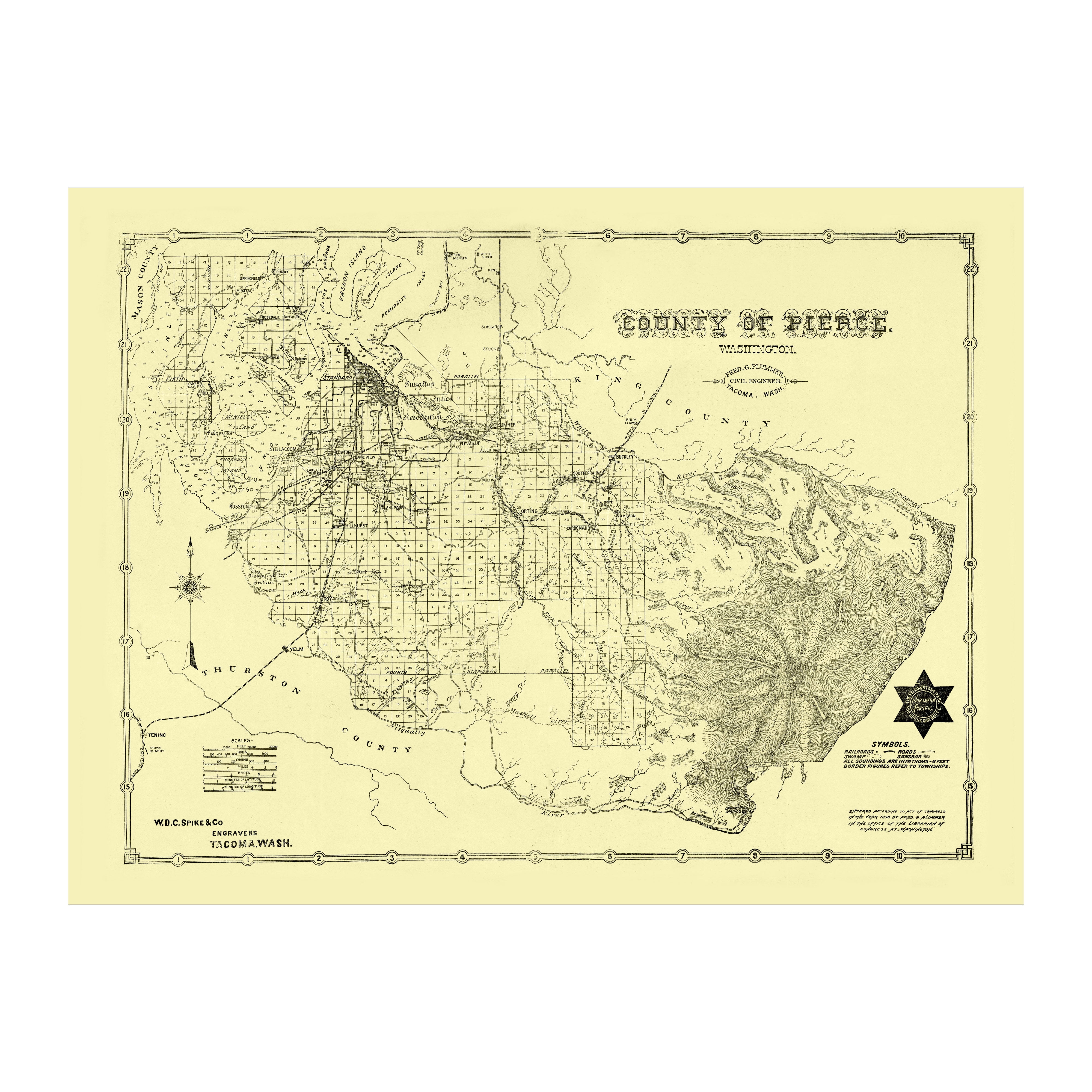 Pierce County Washington Art, 1890 Vintage Map of Pierce County WA ...