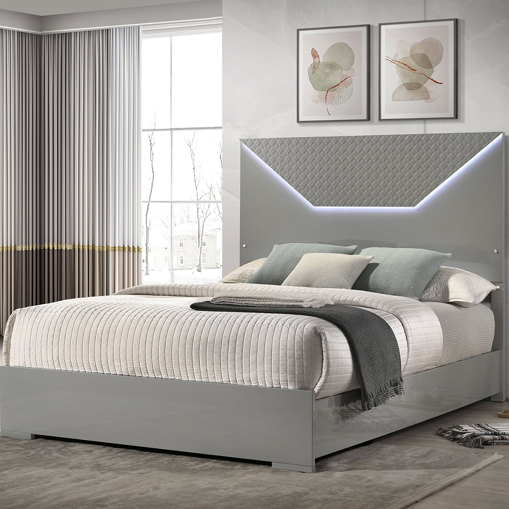 Pierce Grey High Gloss Queen Panel Bed LED Headboard - Walmart.com