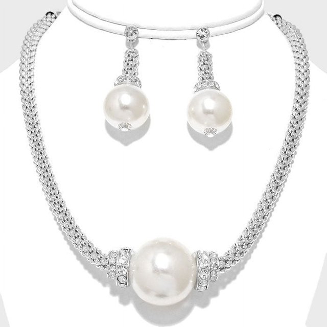 Pierced silver pipe chain dangle white pearl necklace set - Walmart ...
