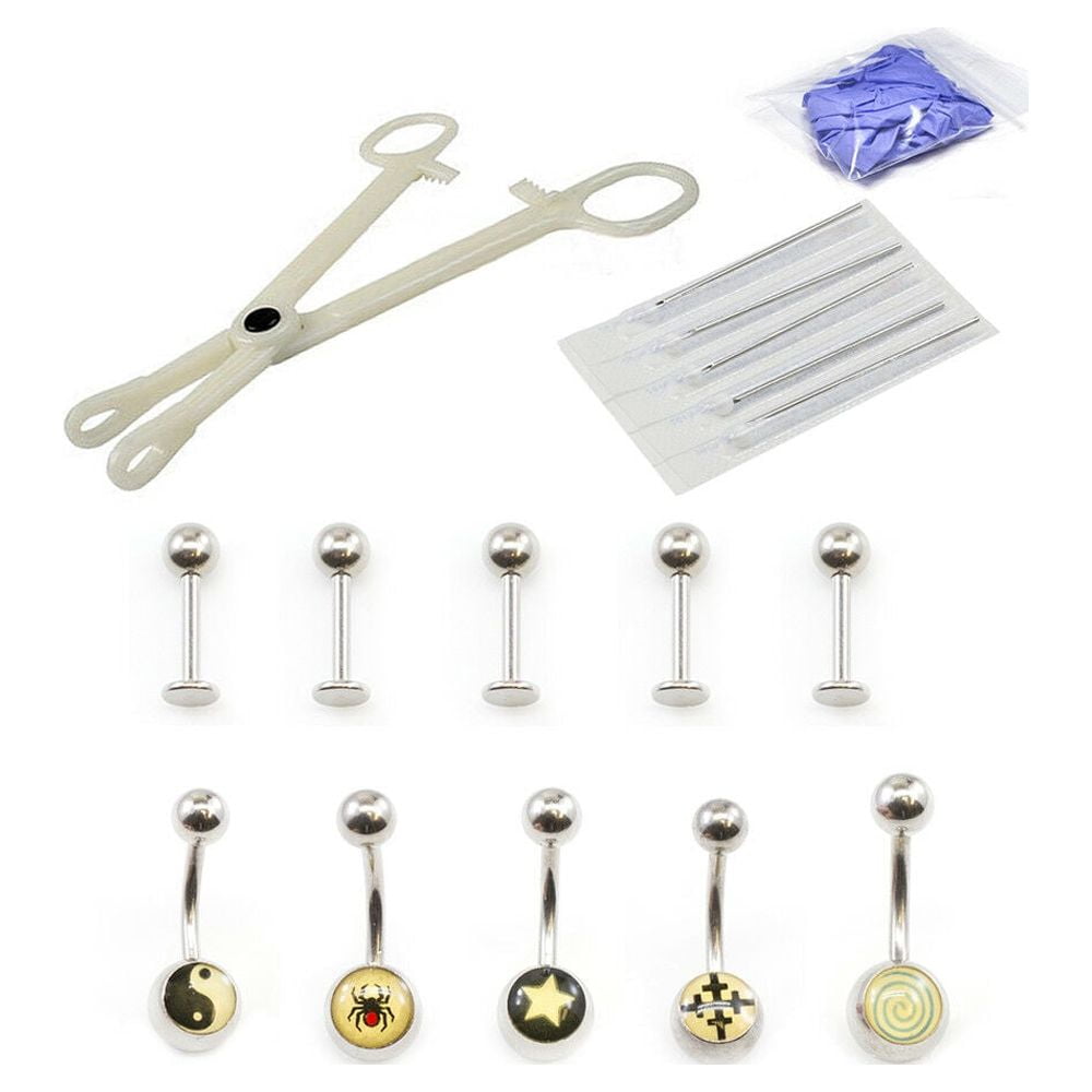 Piercing Kit 17pcs Belly Ring, Labret, Disposable forceps Needles and ...