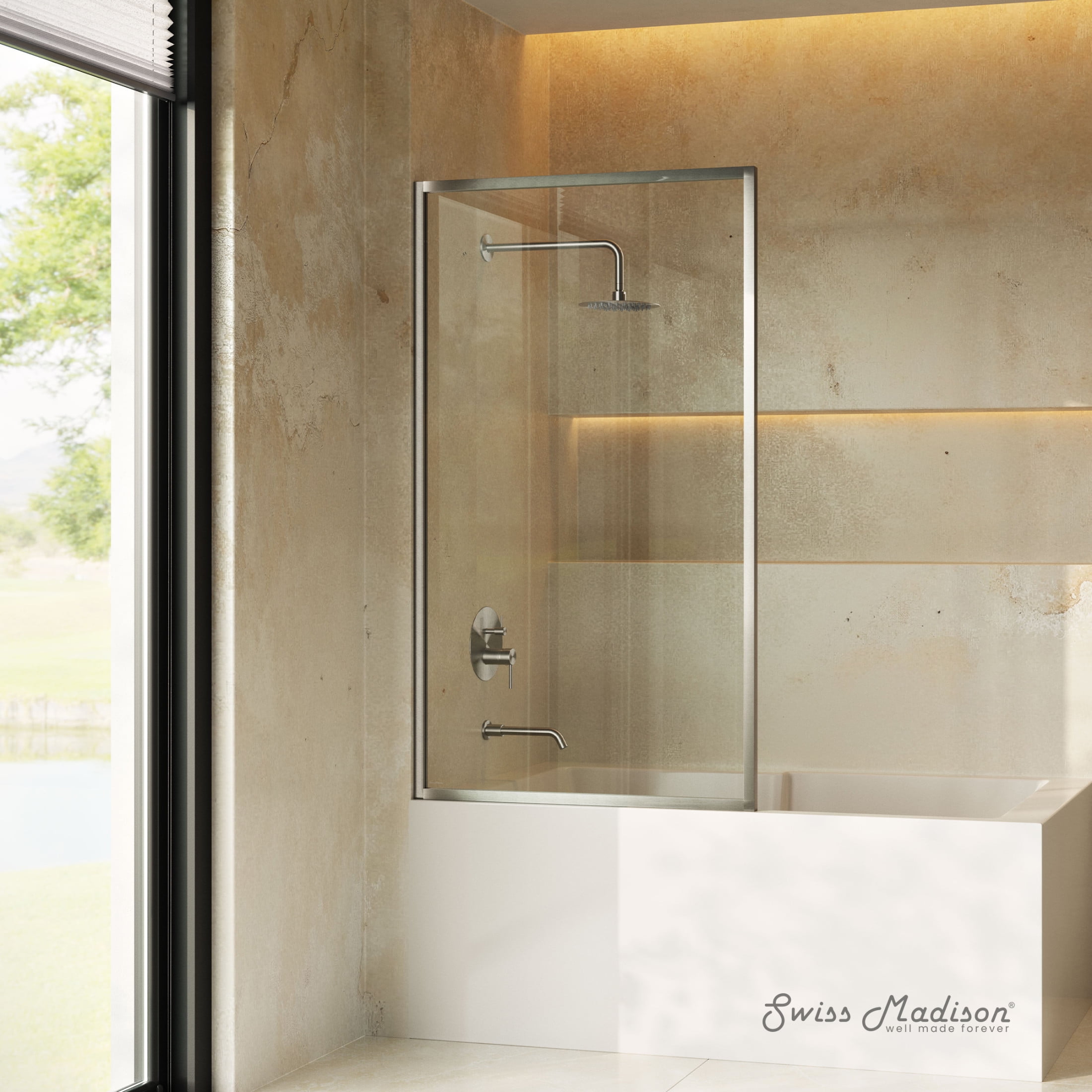 Pierre 34 x 58 Framed Fixed 3/8 in. (10mm) Clear Tempered Glass Tub ...