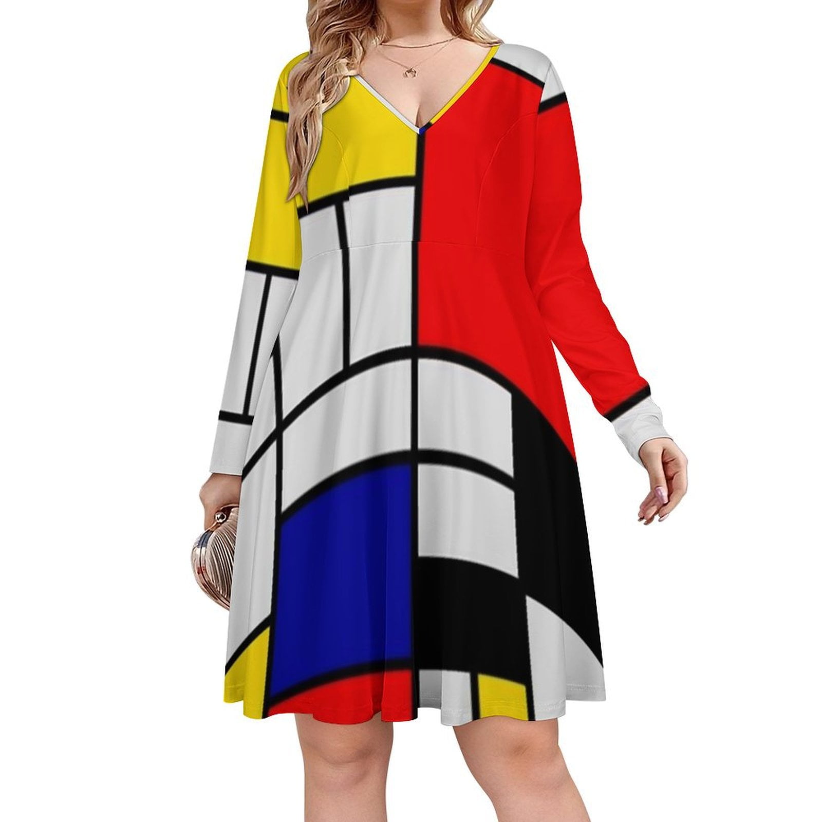 Piet Mondrian Abstract Art Long Sleeve Sexy Dresses For Women Ladies Vintage Elegant Party Dress ...