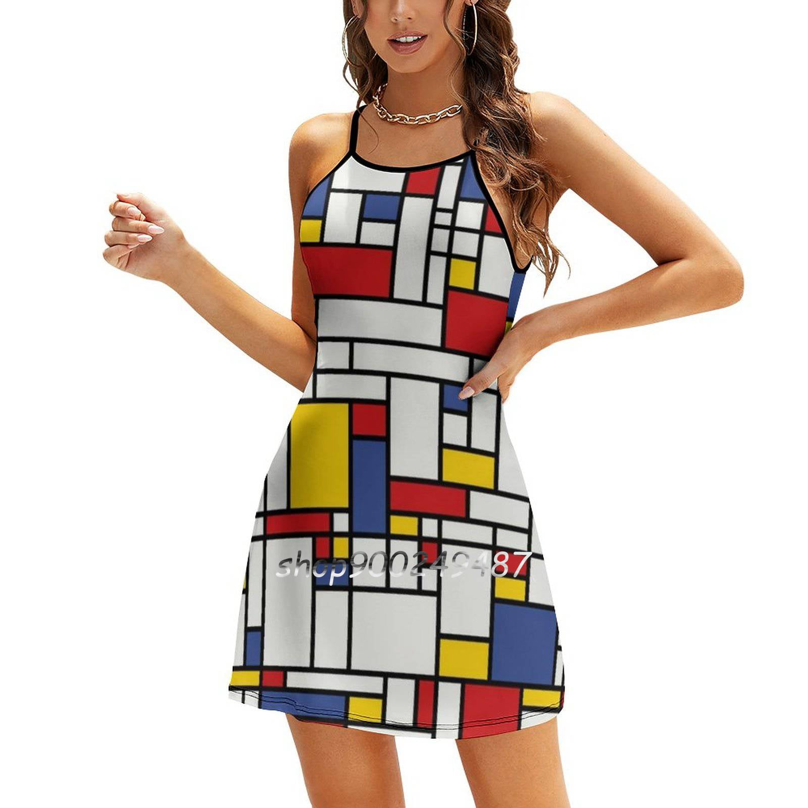 Piet Mondrian Abstract Pop Art 1960S Red Blue Yellow Square Neck Dress Cute Loose Print Dresses ...
