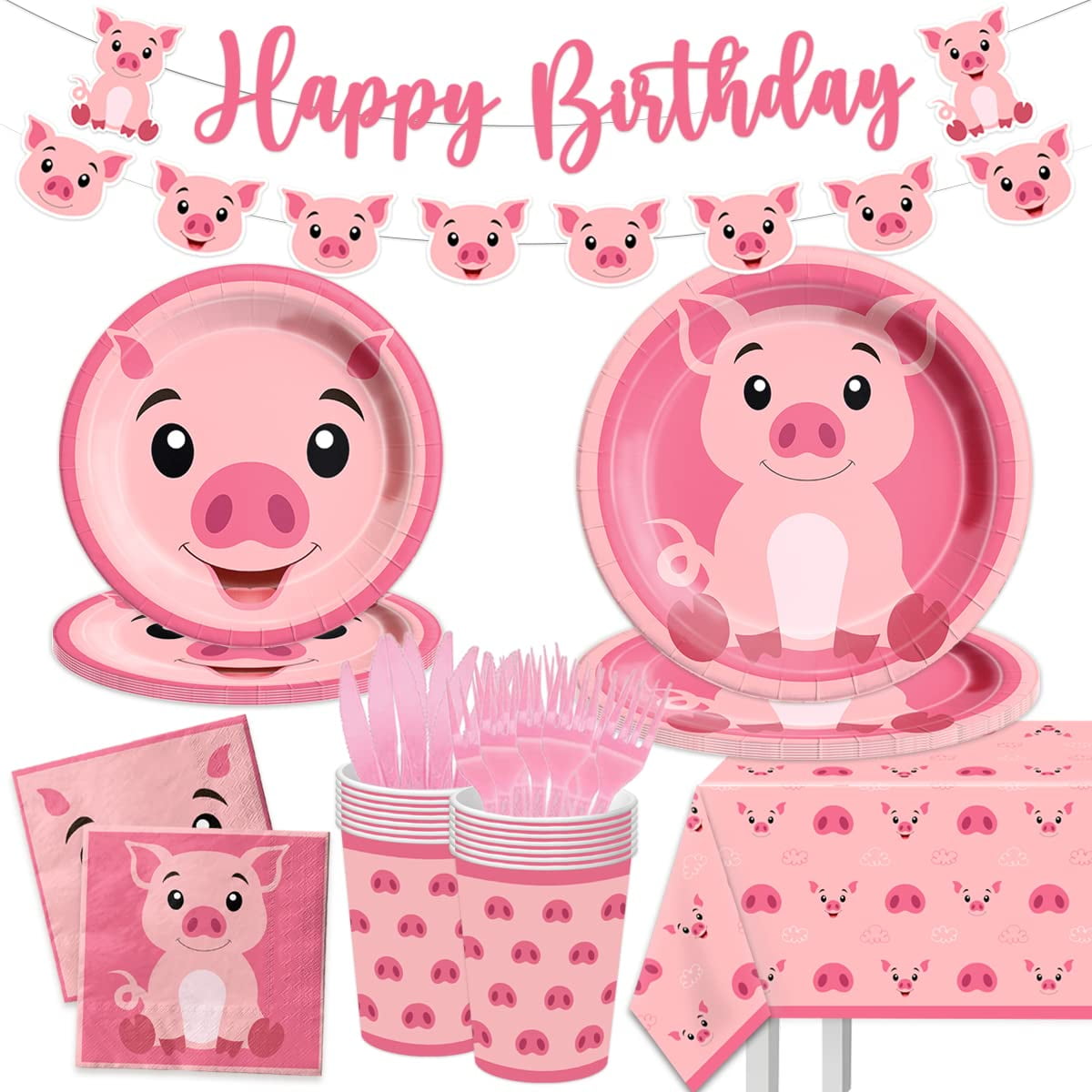Pig Birthday Decorations-143Pcs Farm MMF7 Animal Pig Tableware Set Kids ...
