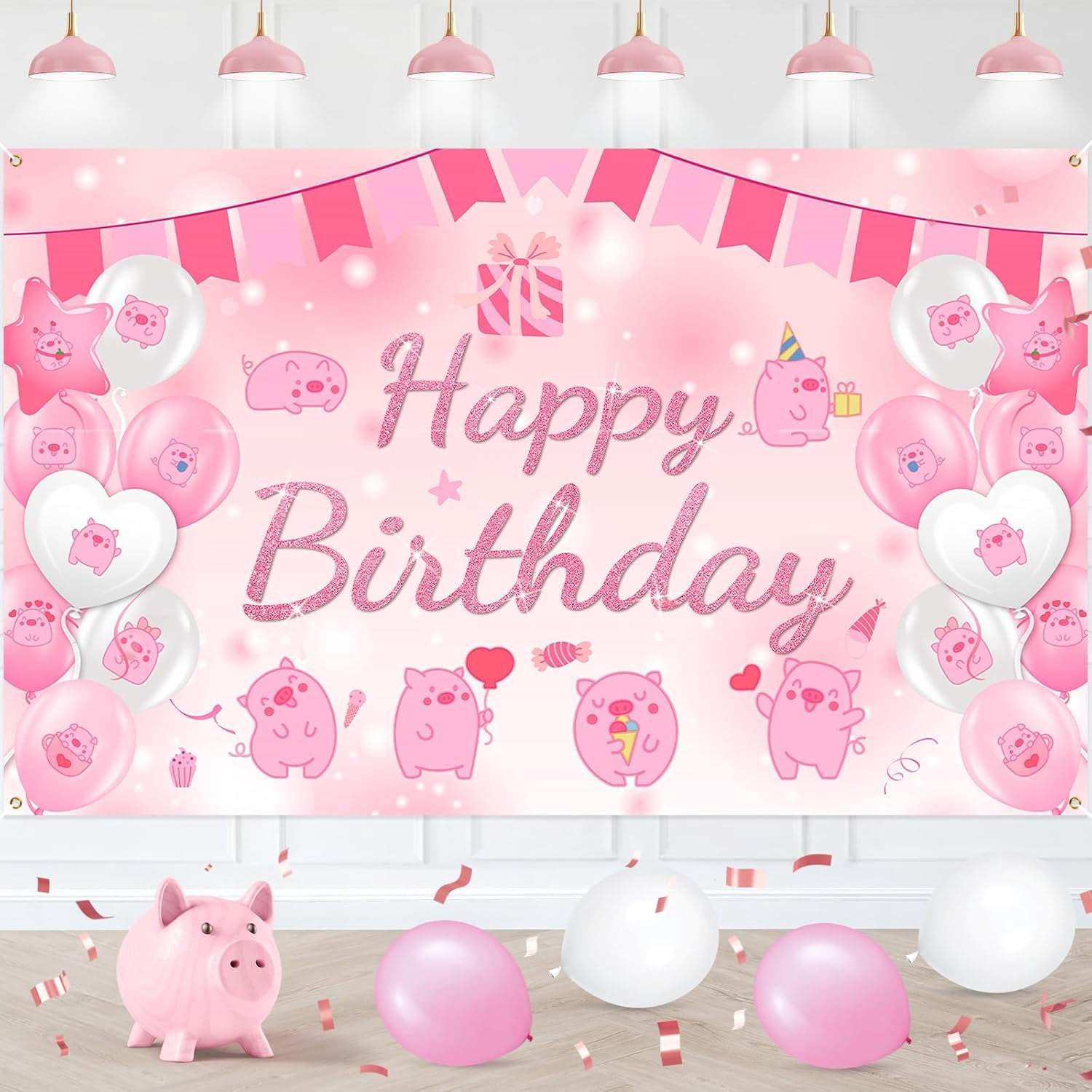 Pig Birthday Decorations Banner, Pink Pig Happy Birthday Banner Large ...