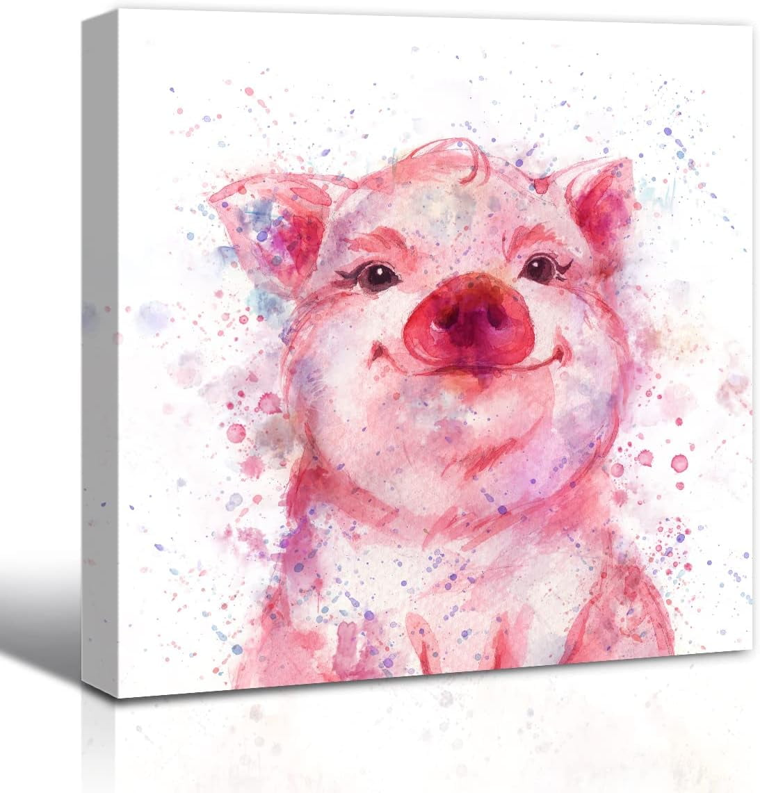 Pig Canvas Wall Art, Modern Watercolor Splatter and Splotches Pink Pig ...