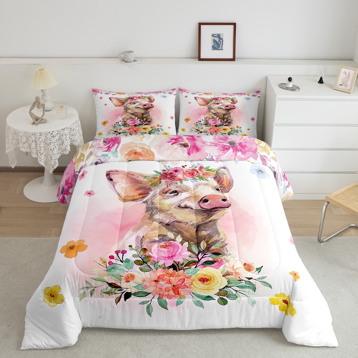 Pig Comforter Set Boho Floral Full Bedding Set,Farm Animals Quilt ...