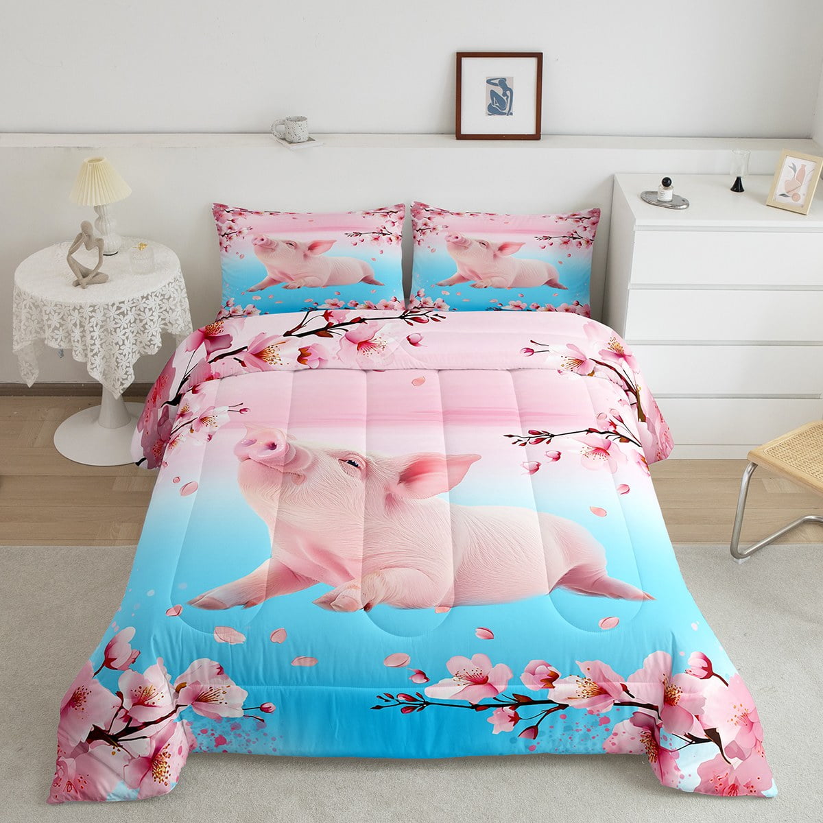 Pig Comforter Set Farm Animals Twin Bedding Sets,Cherry Blossom Quilt ...