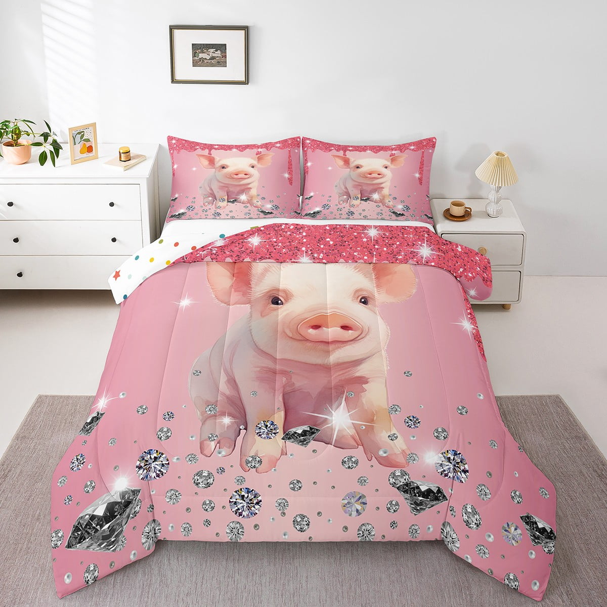 Pig Comforter Set Pink Sequin Fluid Art Bed Set,Crystal Diamond Bedding ...