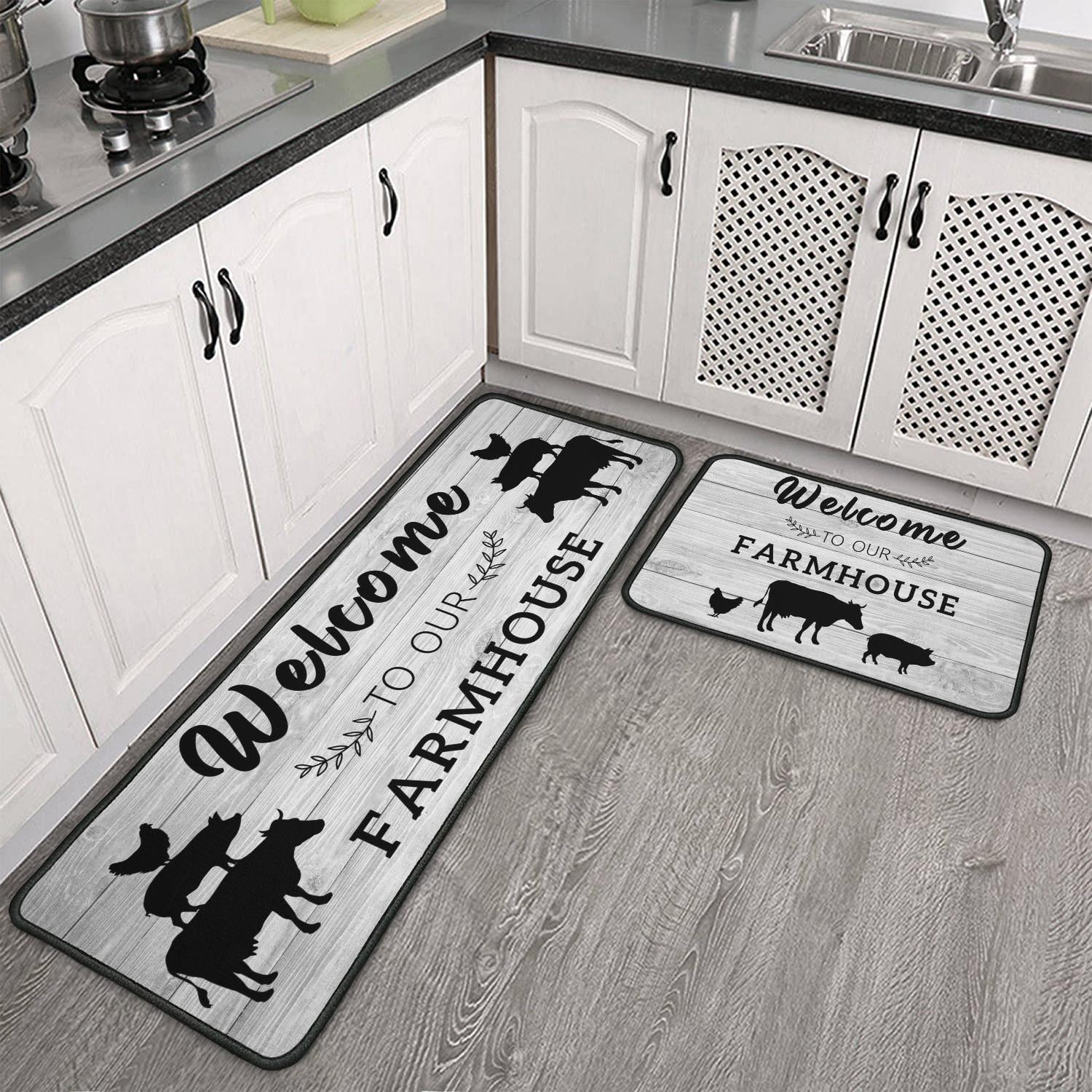 Pig and Cow Farmhouse Kitchen Rugs Non Skid Washable Set Of 2, Welcome ...