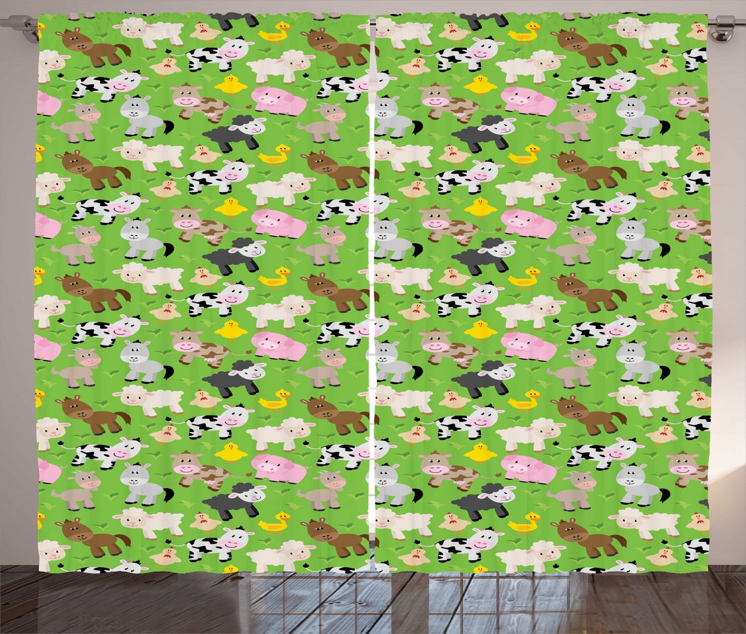 Ambesonne Pig Curtains 2 Panel Set, Creatures Cartoon, 108" x 96", Lime ...