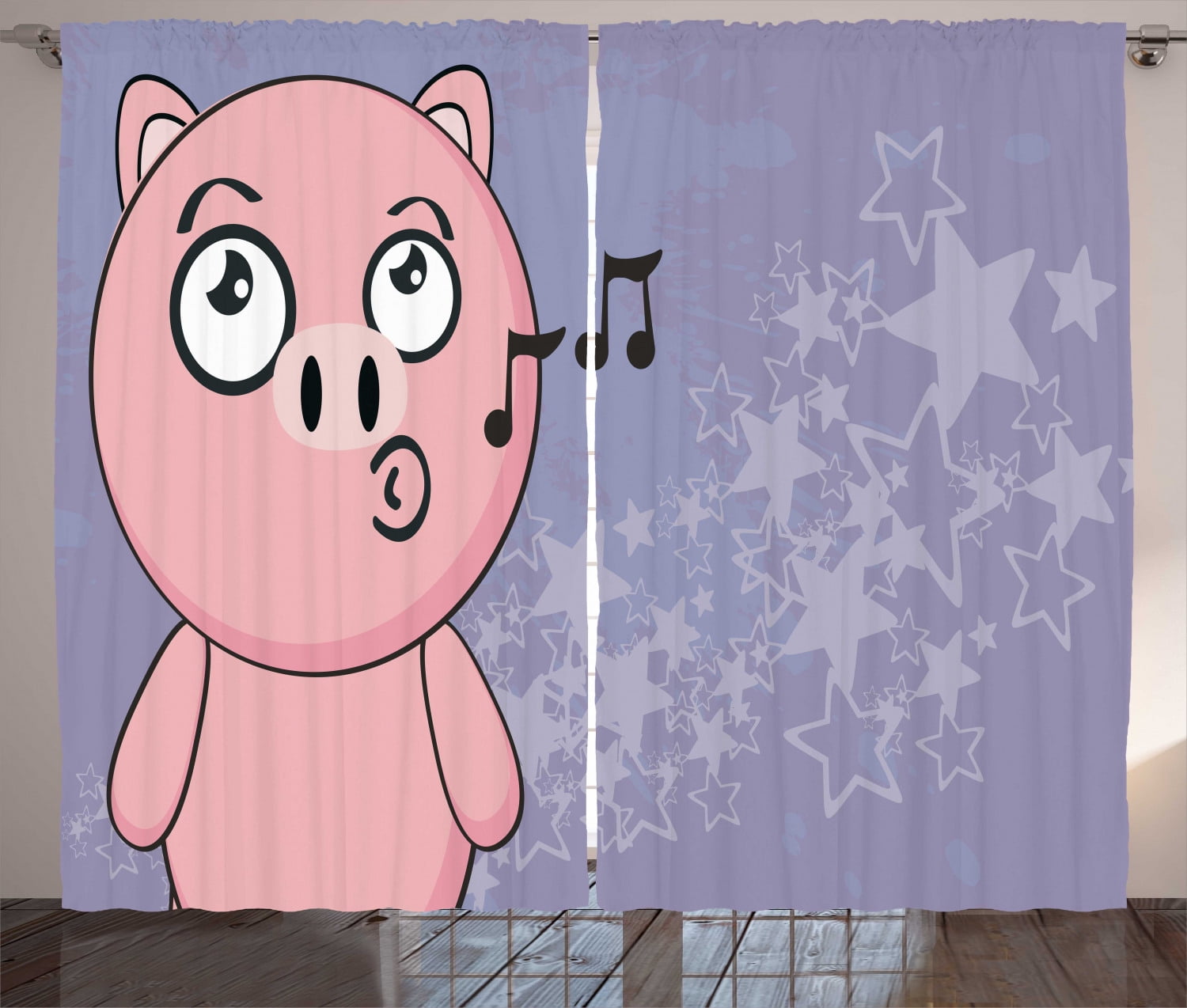 Ambesonne Pig Curtains 2 Panel Set, Farm Animal Singing Star Motifs ...