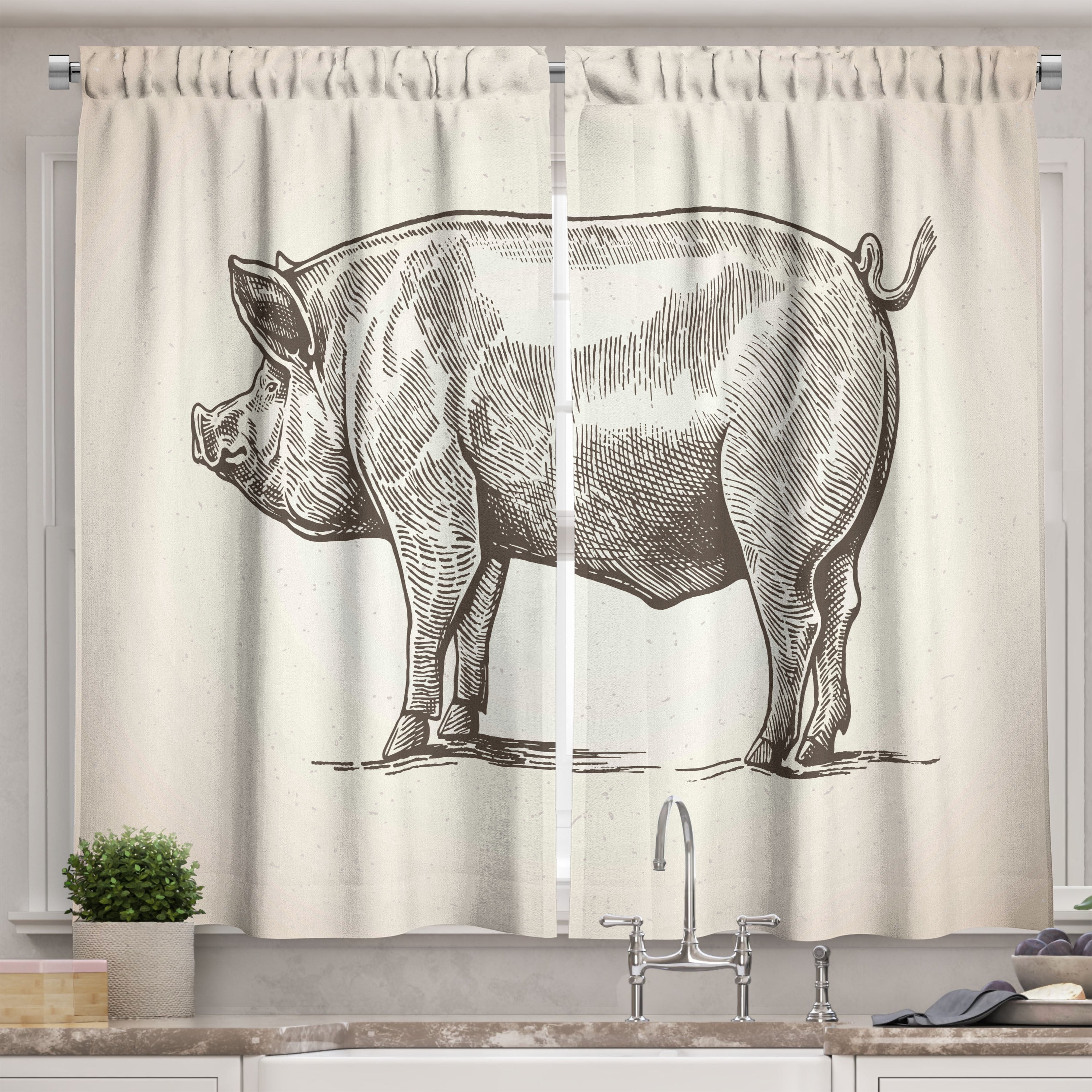 Pig Curtains 2 Panels Set, Vintage Hand-Drawn Illustration of Pig Rural ...