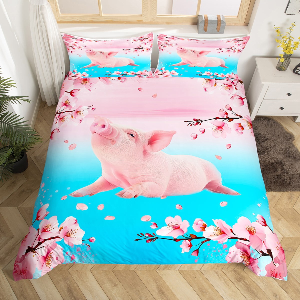 Pig Duvet Cover Farm Animals Full Bedding Sets ,Cherry Blossom ...