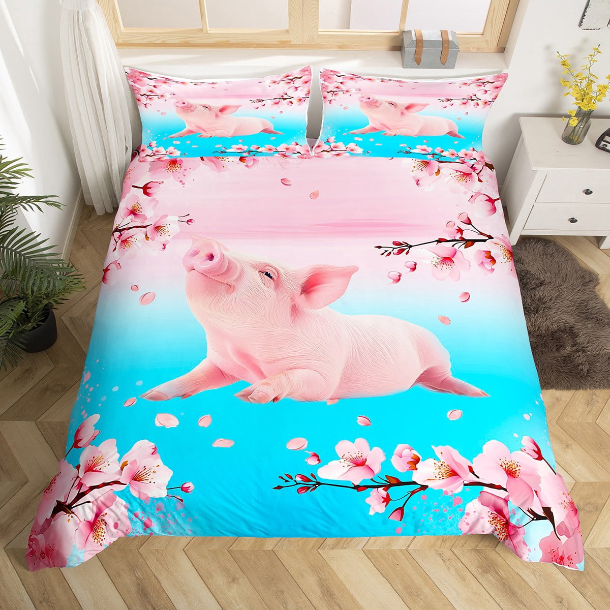 Pig Duvet Cover Farm Animals King Bedding Sets ,Cherry Blossom ...
