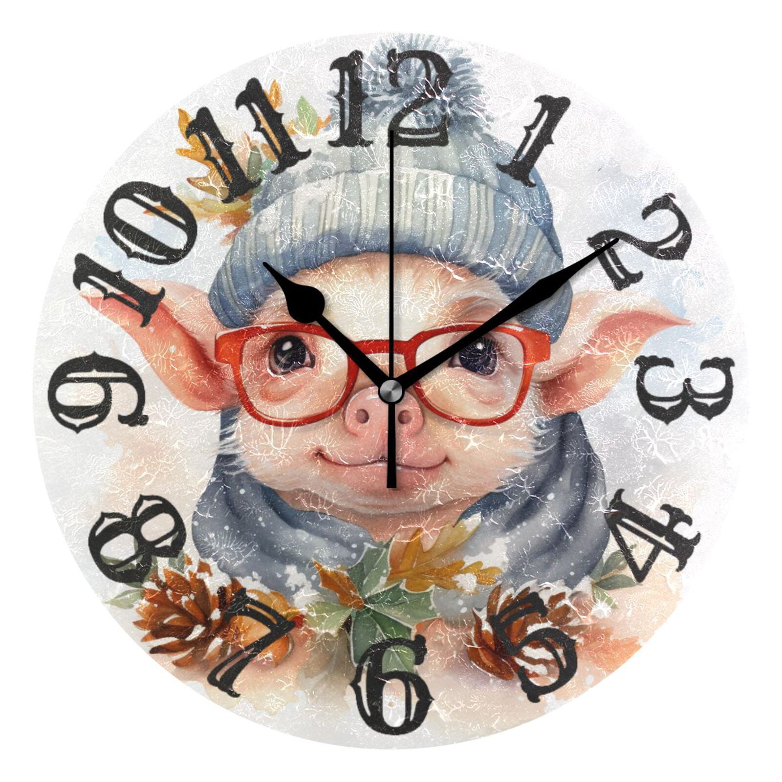 Pig Glasses Pines Leaves 10 inch Wall Clocks Non Ticking Easy to Read ...