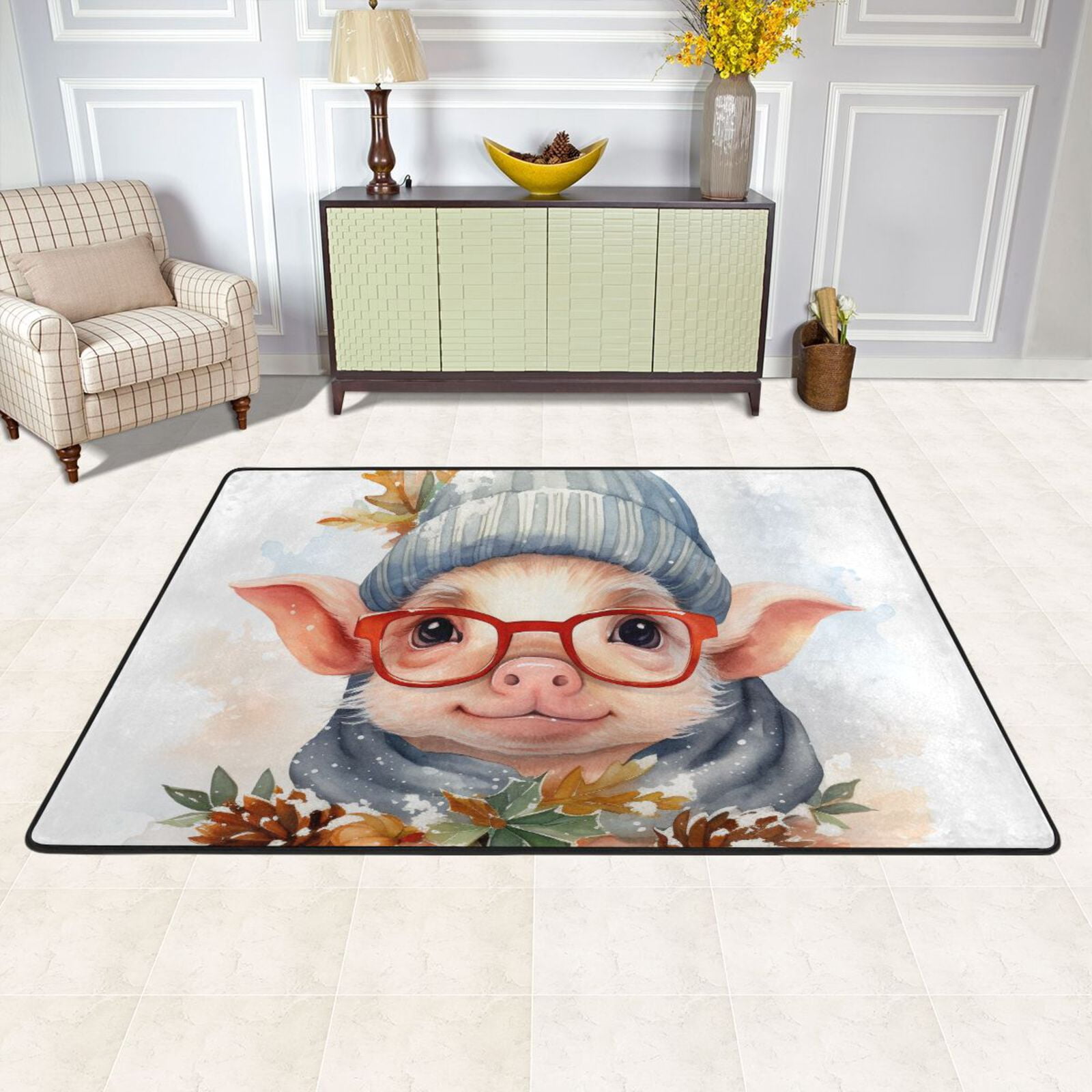 Pig Glasses Pines Leaves Area Rug Washable 72 x 48 Floor Carpet Mat Non ...