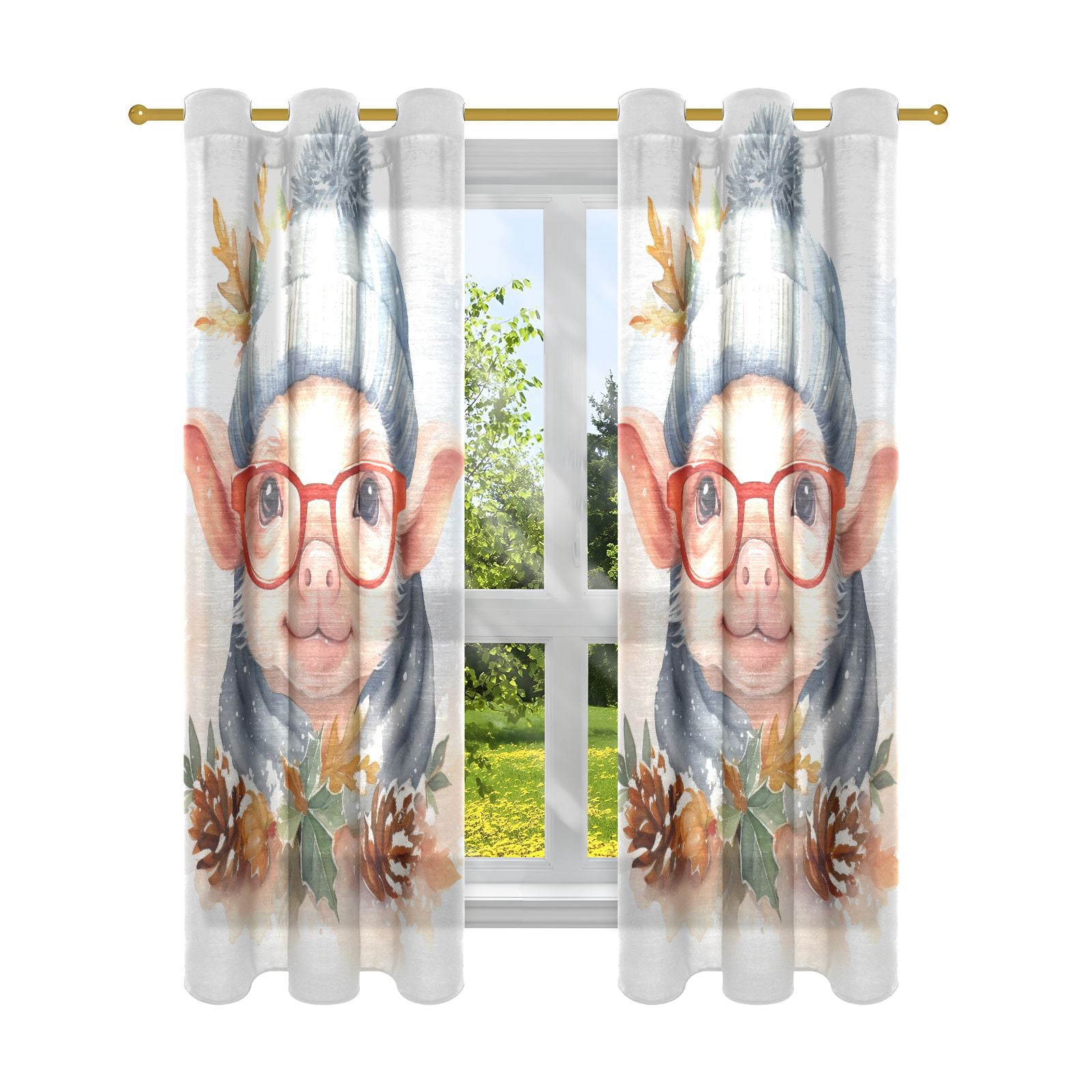 Pig Glasses Pines Leaves Blackout Curtains Patio Door Curtains Window ...