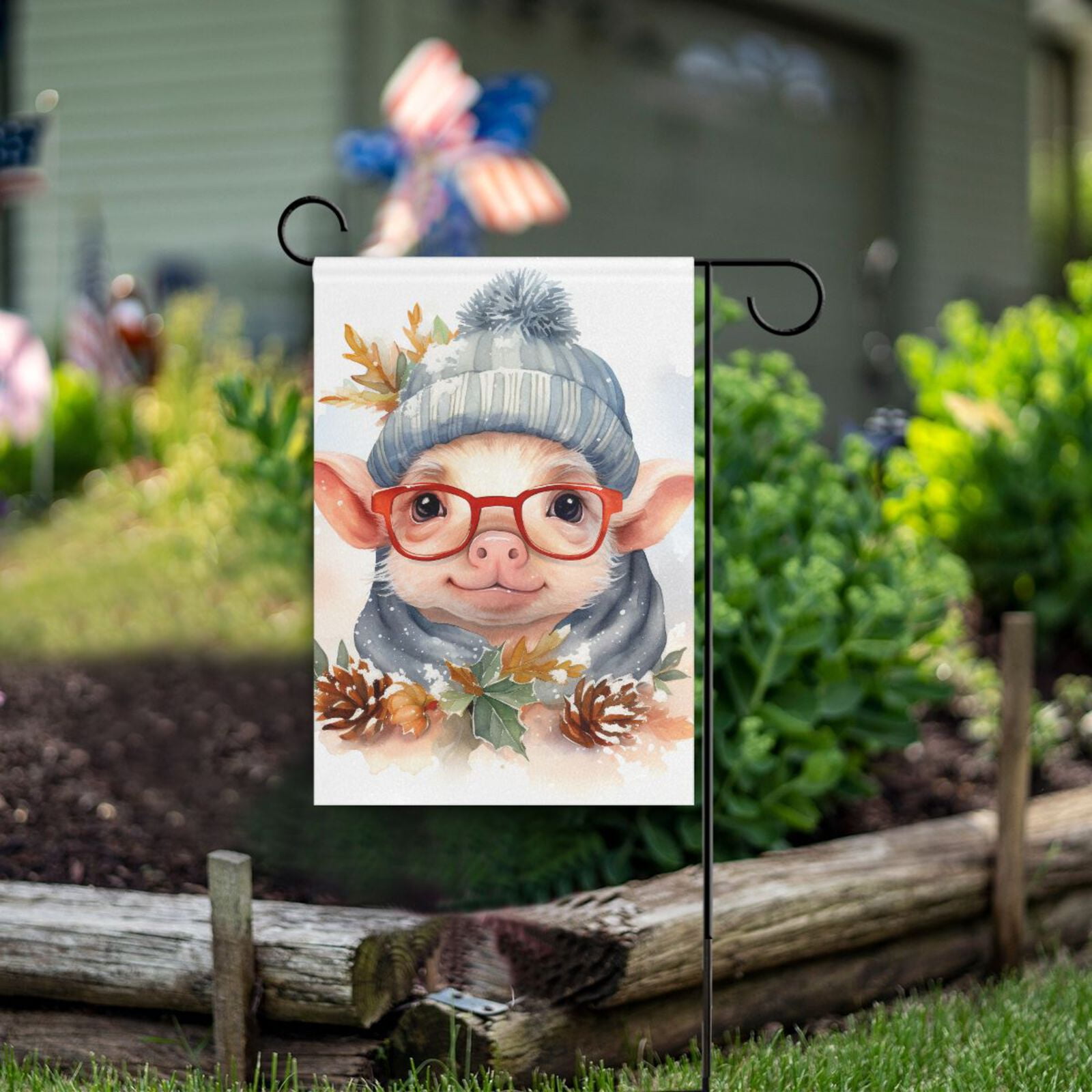Pig Glasses Pines Leaves Garden Flag Double Sided Outdoor Banners for ...
