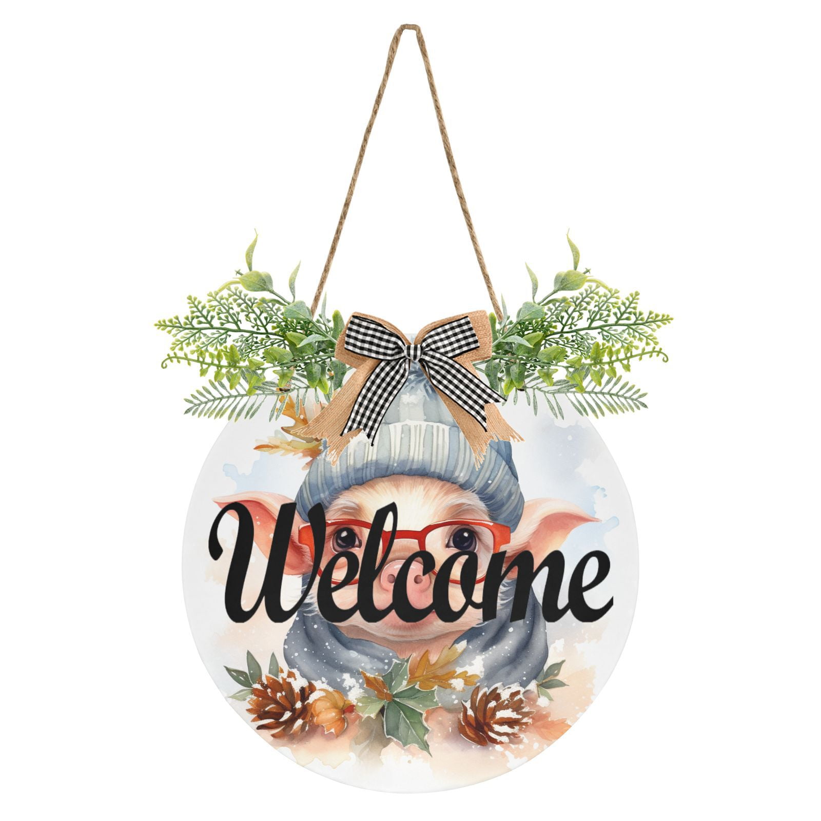 Pig Glasses Pines Leaves Welcome Sign for Front Door Wreath Door Sign ...