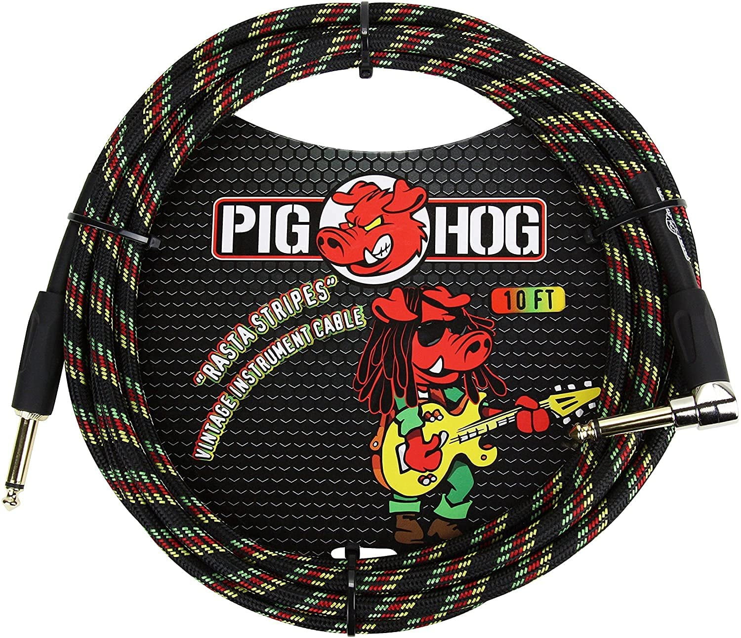 Pig Hog PCH10RAR Rasta Stripes Instrument Cable, Straight to Angle, 1/4 ...