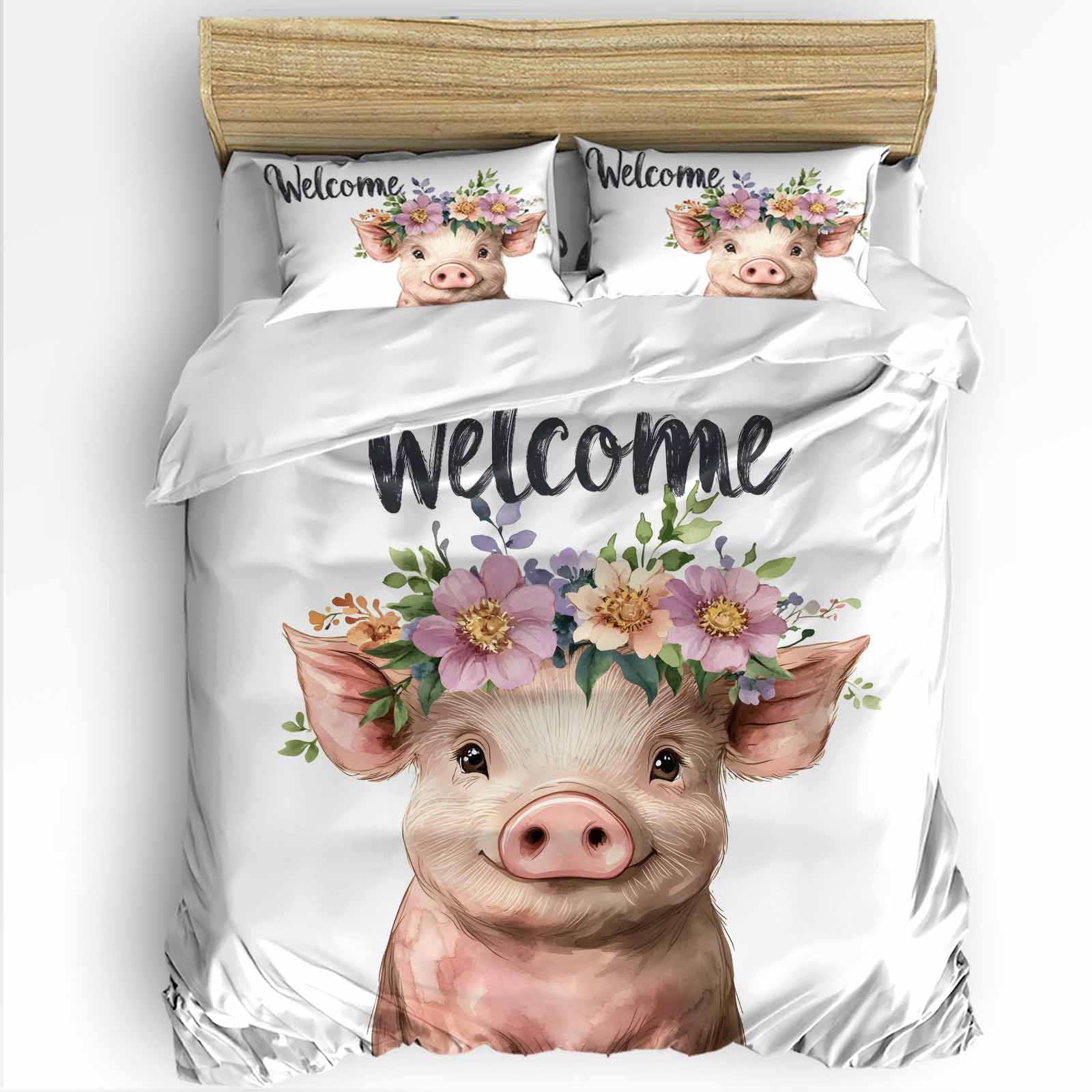 Pig King Size Comforter Set, Welcome Garland Soft Bedding for All ...