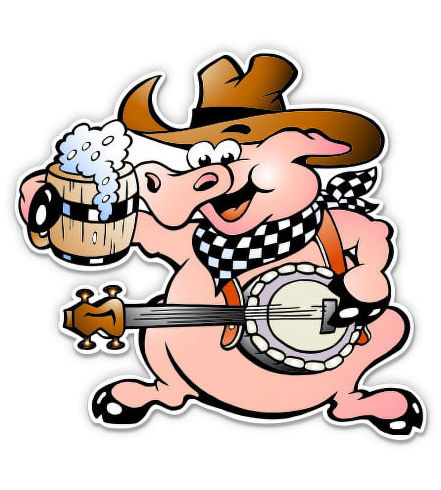 Pig Playing the Banjo Cowboy Funny - 5" Vinyl Sticker - For Car Laptop ...