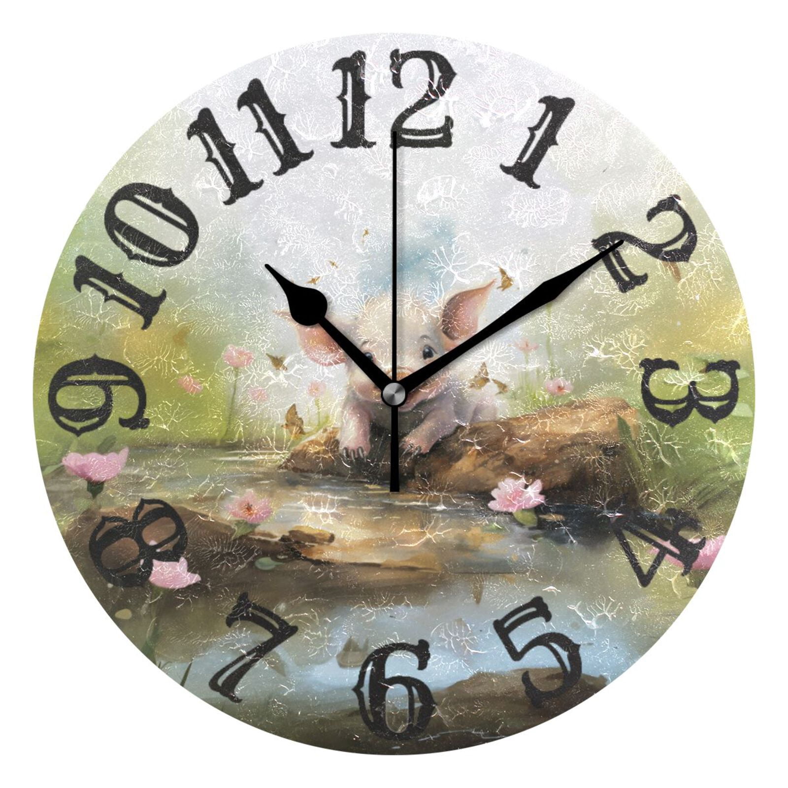 Pig Pool Stone Flowers 10 inch Wall Clocks Non Ticking Easy to Read ...