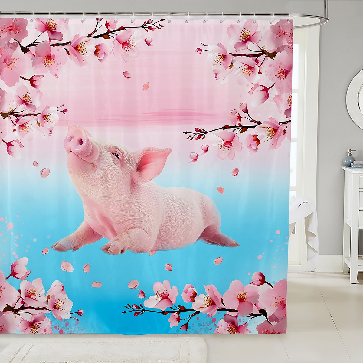 Pig Shower Curtain Farm Animals Bath Curtain,Cherry Blossom Bathroom ...