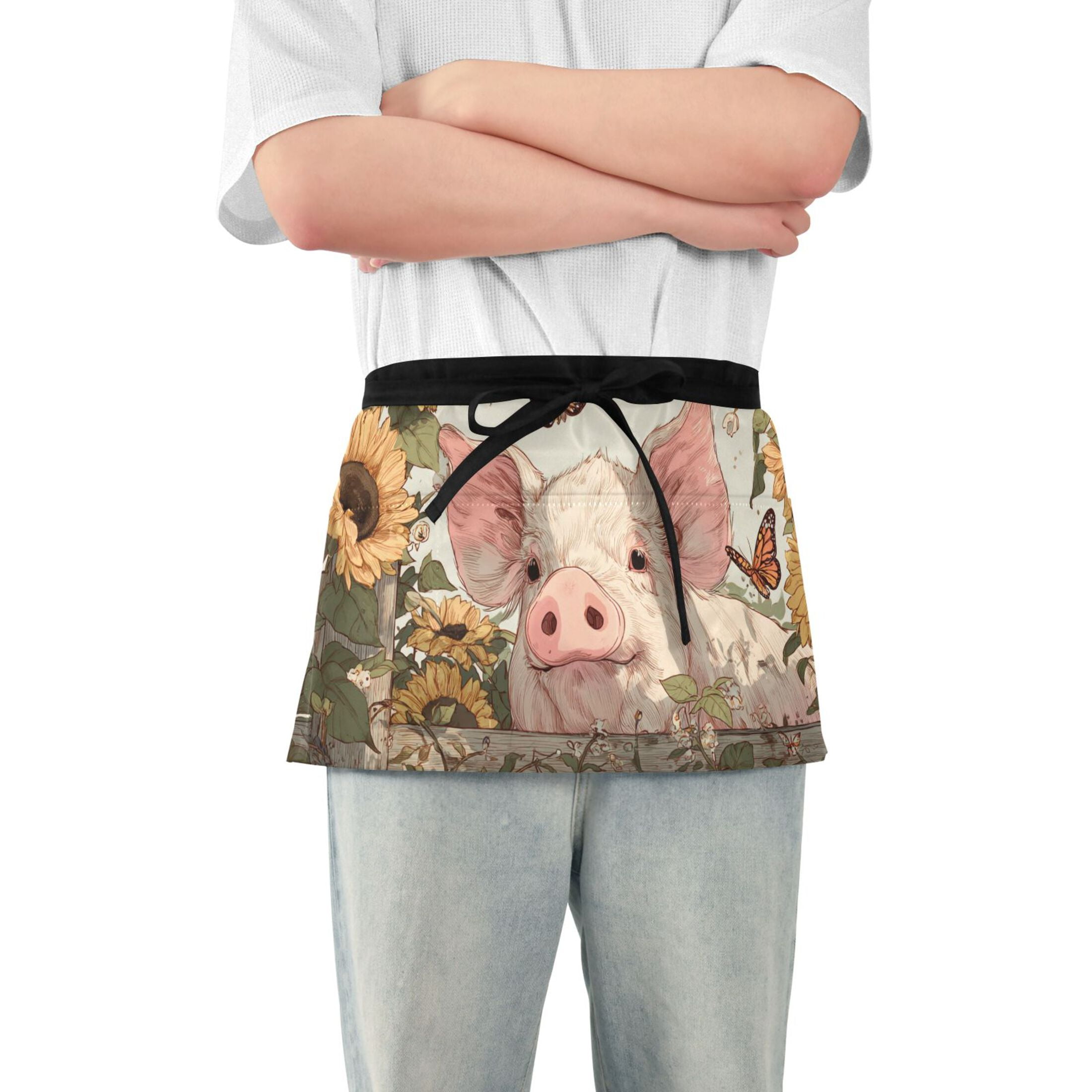 Pig Sunflowers Behind The Fence Short Server Apron with 3 Pockets for ...
