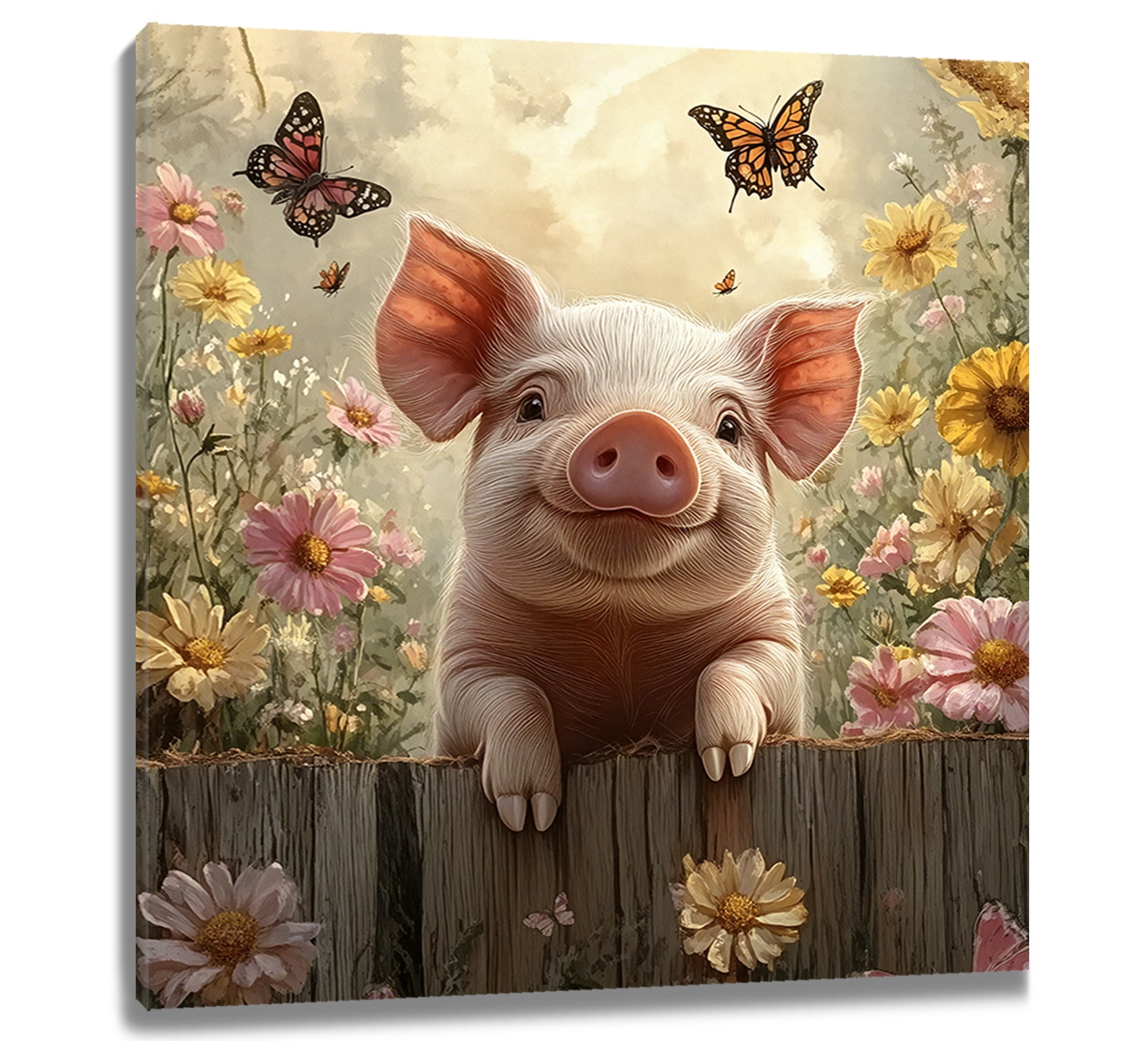 Pig Wall Art Cute Funny Pig Canvas Wall Art Colorful Flowers Butterfly ...