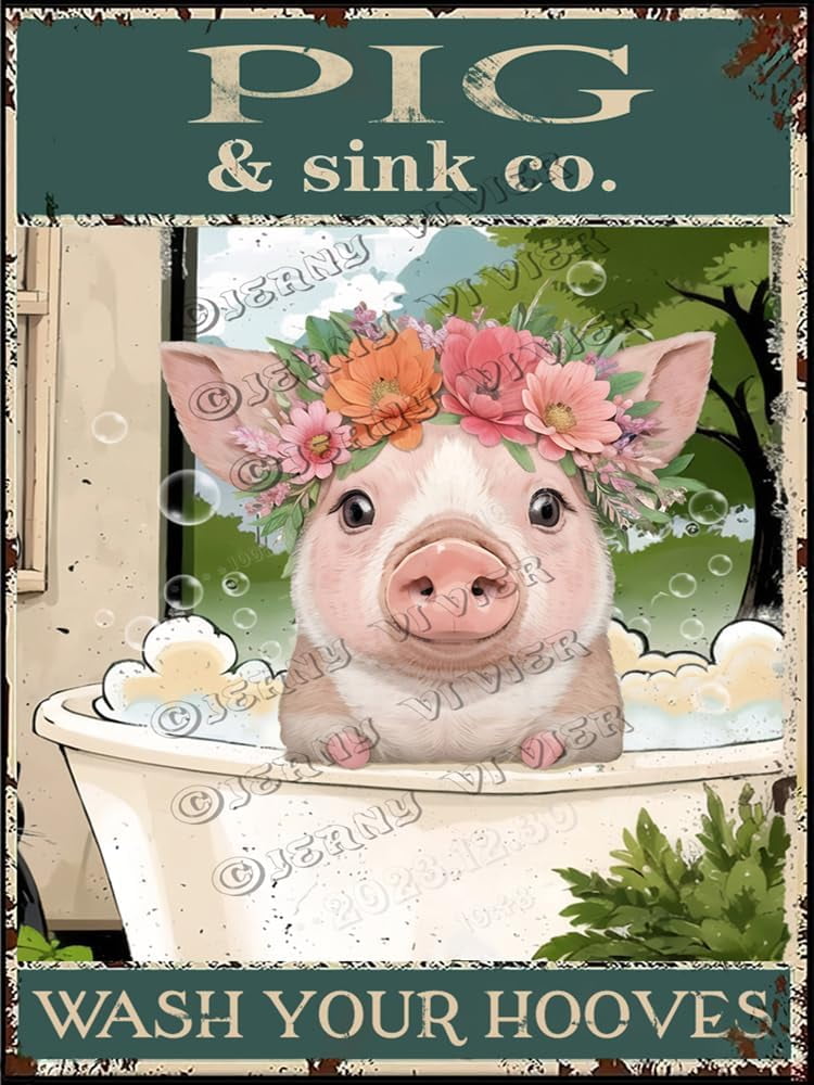 Pig Wash Your Hooves Vintage Aluminum Sign, Pig Bathroom Wall Art ...