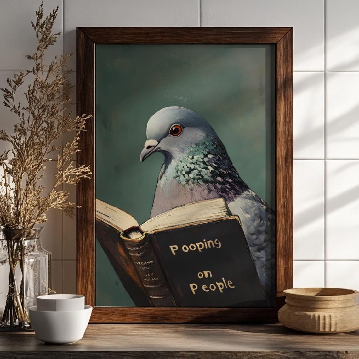 Pigeon Reading Book, Funny Animal Print, Pooping On People Wall Art ...