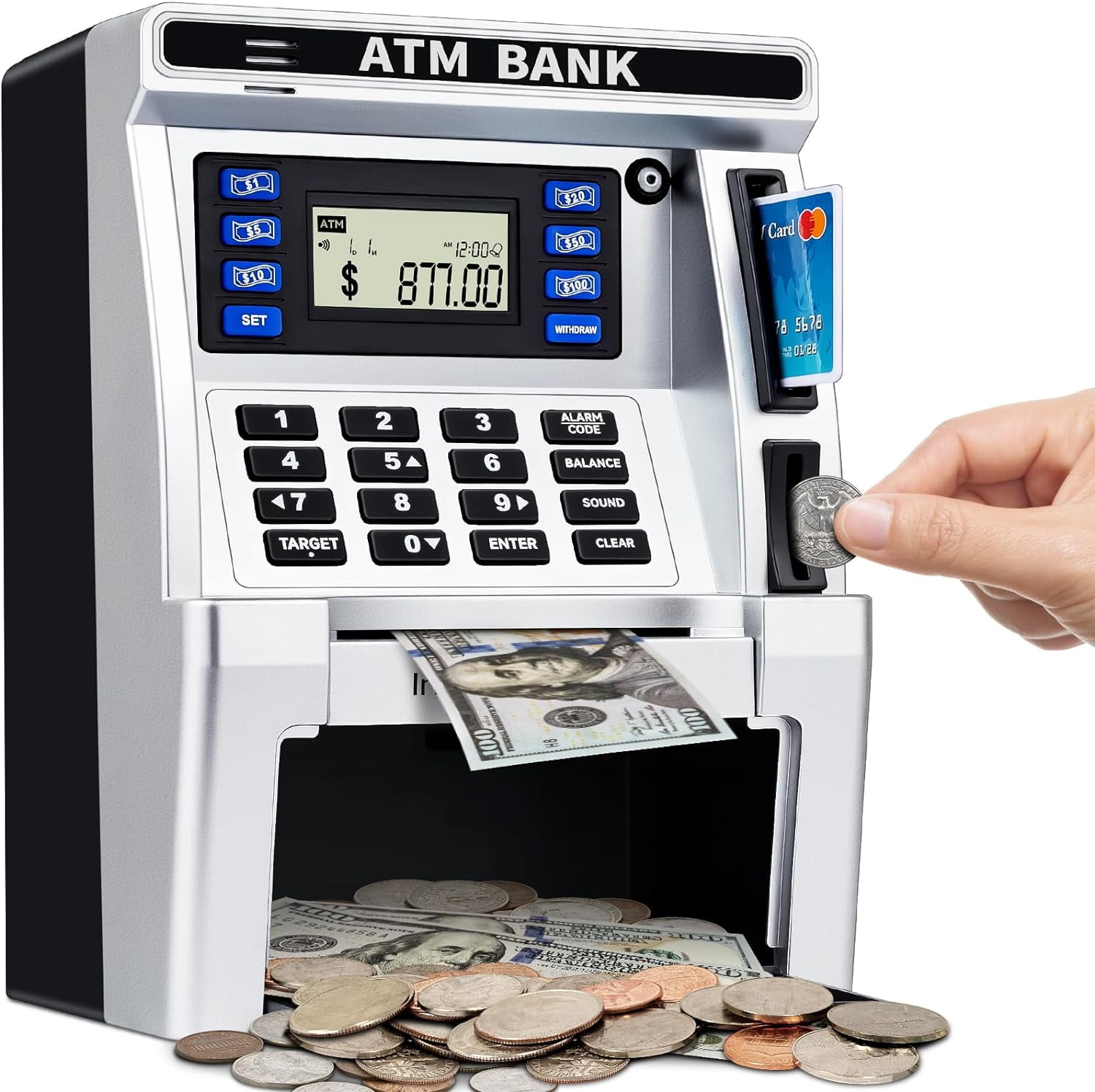 Piggy Bank for Kids, ATM Machine Bank for Real Money with Debit Card, Bill Feeder, Coin ...