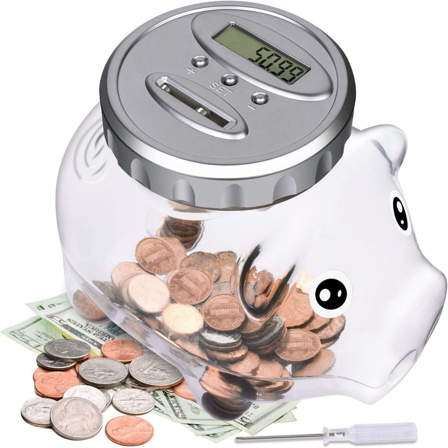 Piggy Digital Coin Bank, Automatic Coin Counter Totals All Coins, Clear ...