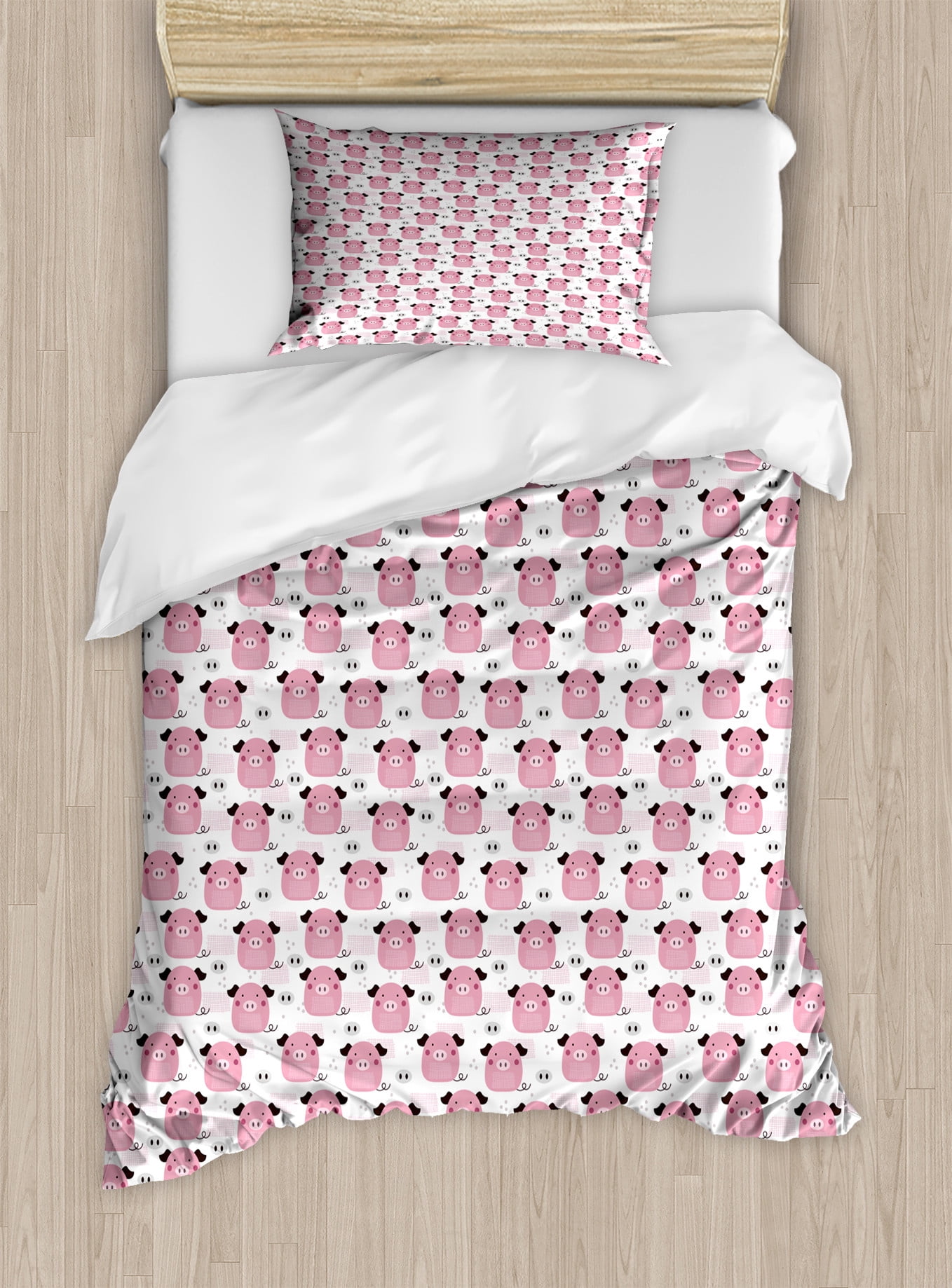 Piglet Duvet Cover Set, Repetitive of Pigs Polka Dots and Lines ...