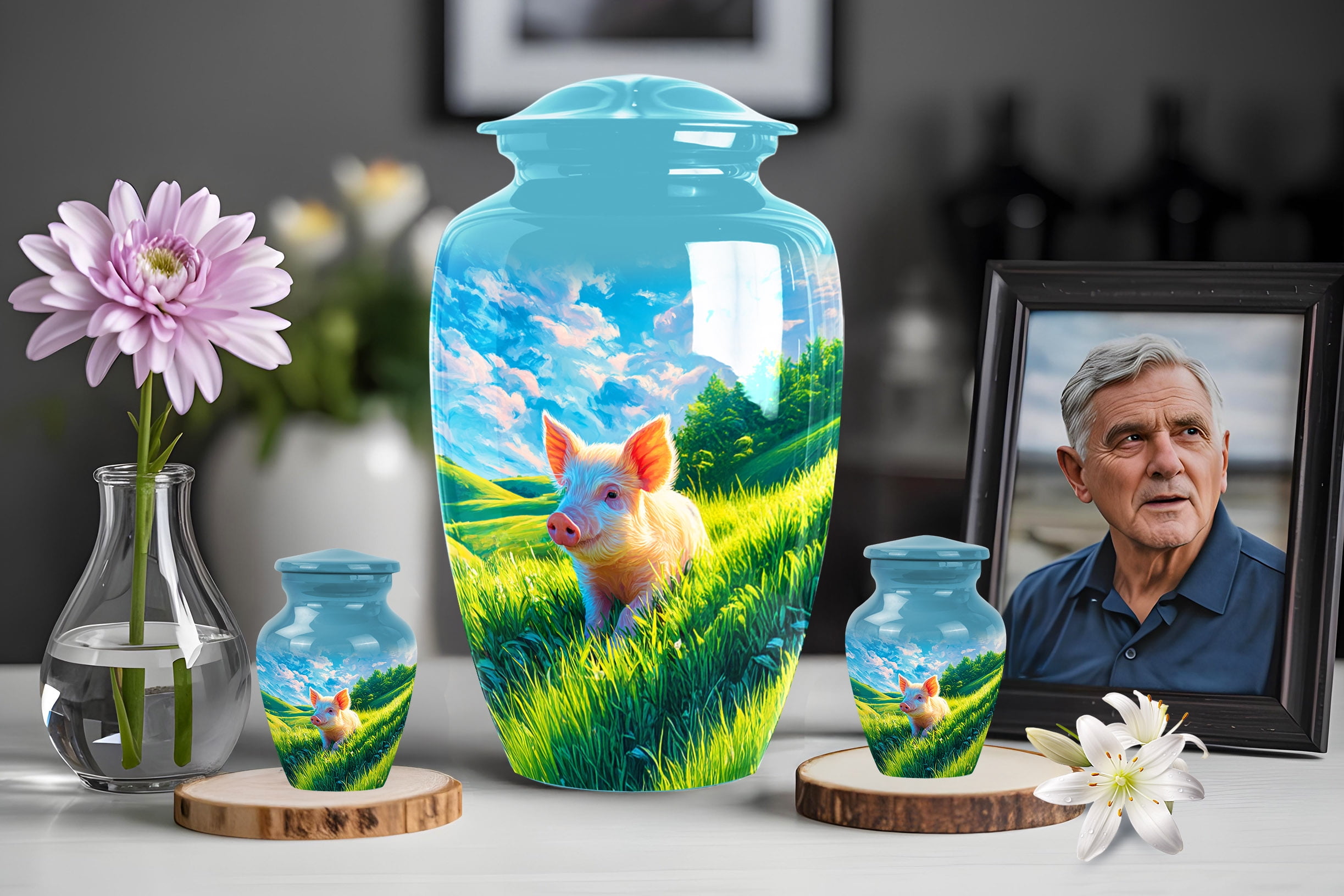 Piglet in Grass Field Ashes Urn Set – Large and Two Mini Aluminum Urns ...
