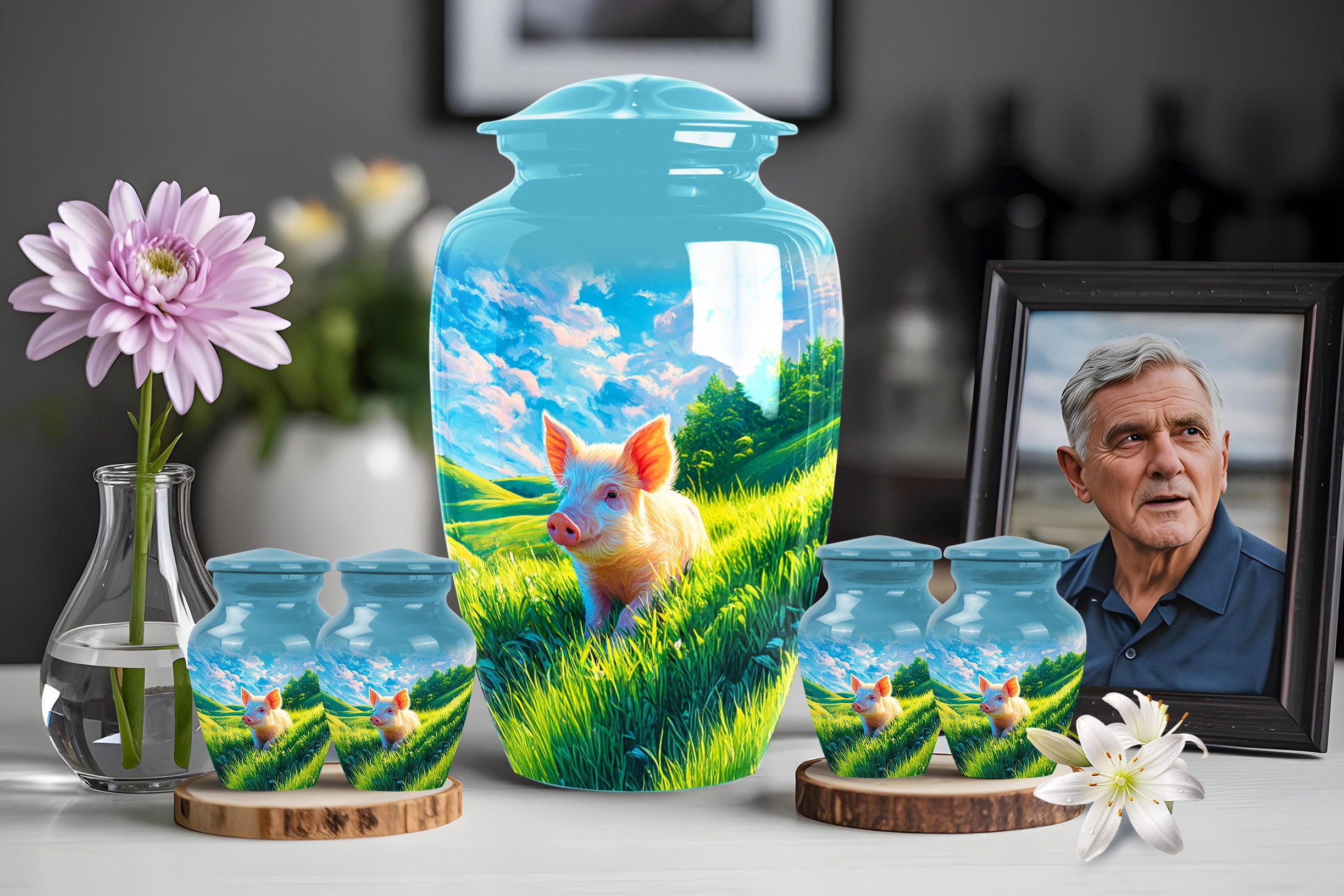 Piglet in Grass Field Cremation Urn Set – Large and Four Mini Aluminum ...