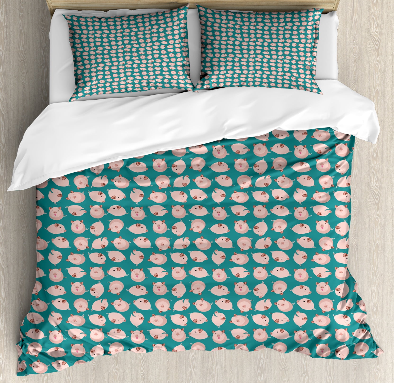 Pigs Duvet Cover Set, Repeated Cartoon Layout of Piglets Farm Country ...