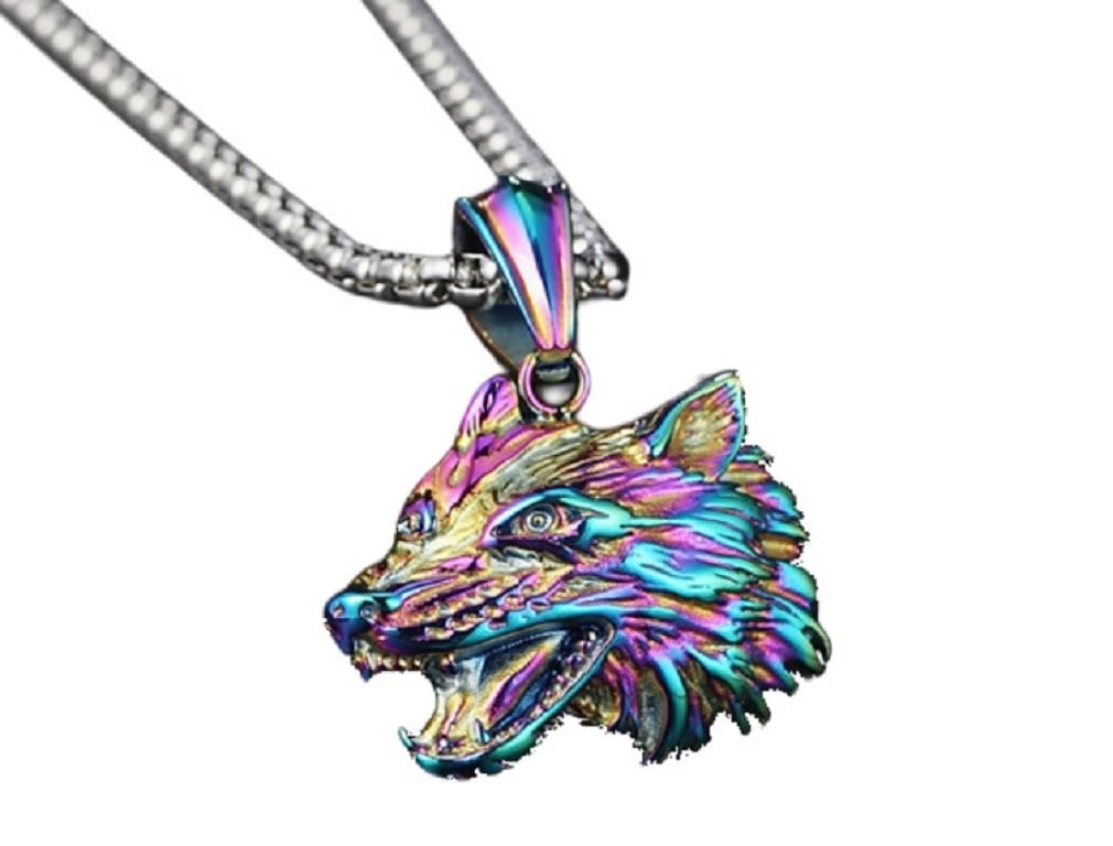 PikaLF Wolf Necklace for Men, Rainbow Wolf Necklace, Stainless Steel ...