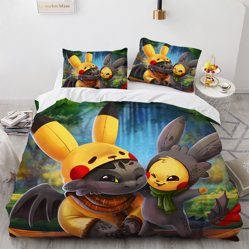 Pikachu Bed in a Bag 3 Set, Reversible Bedding Set 100% Polyester ...