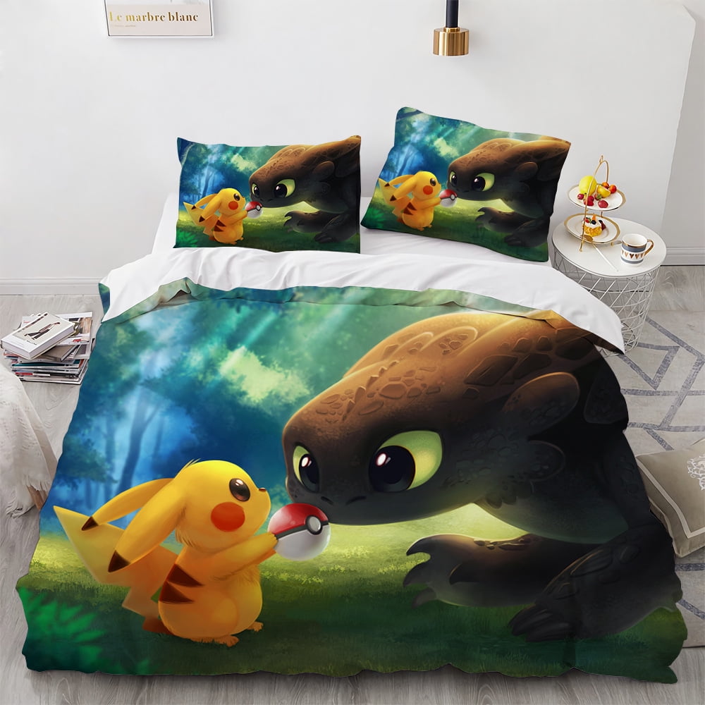 Pikachu Bed in a Bag 3 Set, Reversible Bedding Set 100% Polyester ...
