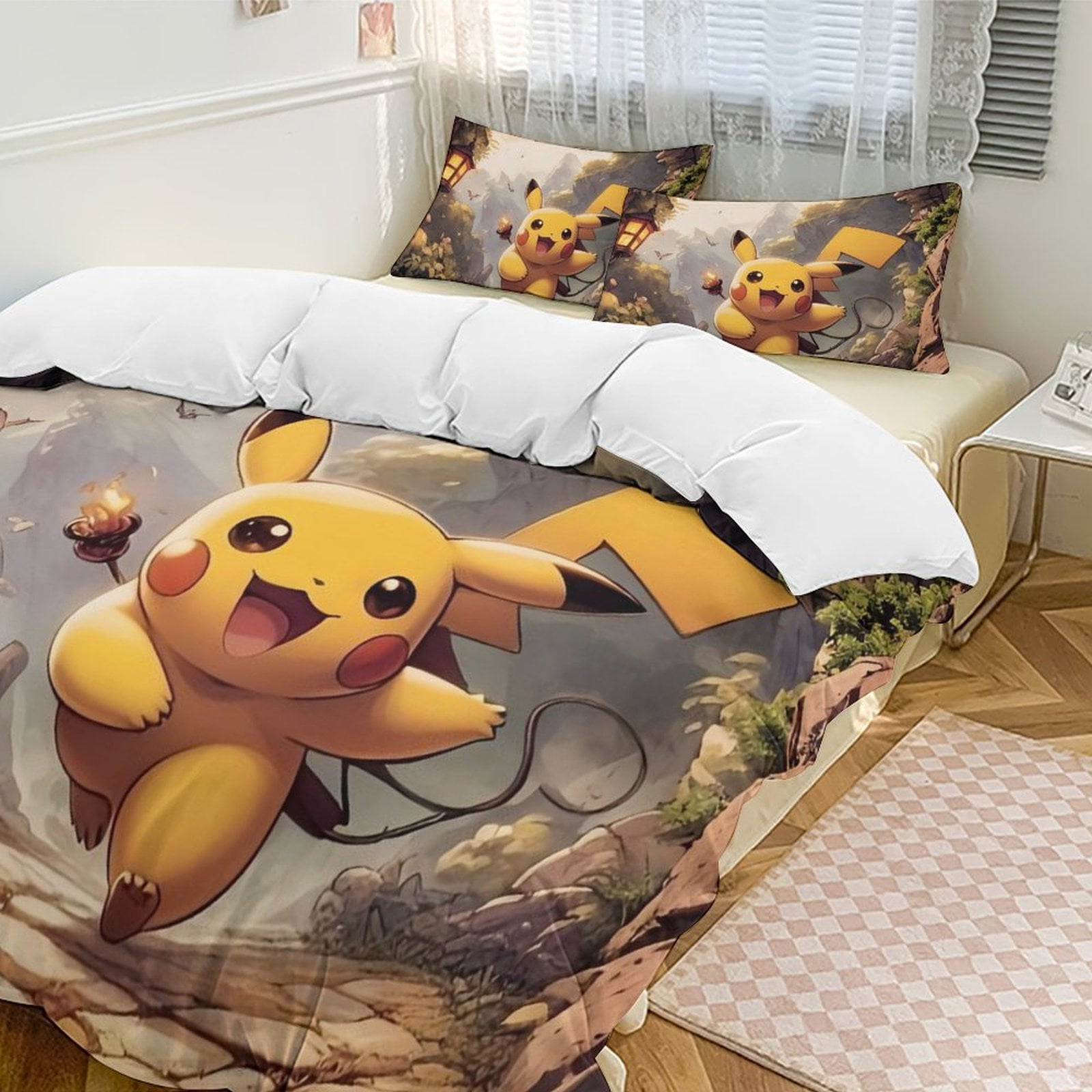 Pikachu Bed Duvet Cover Funny Anime Cartoon Bedding Sets Lightweight 3 ...