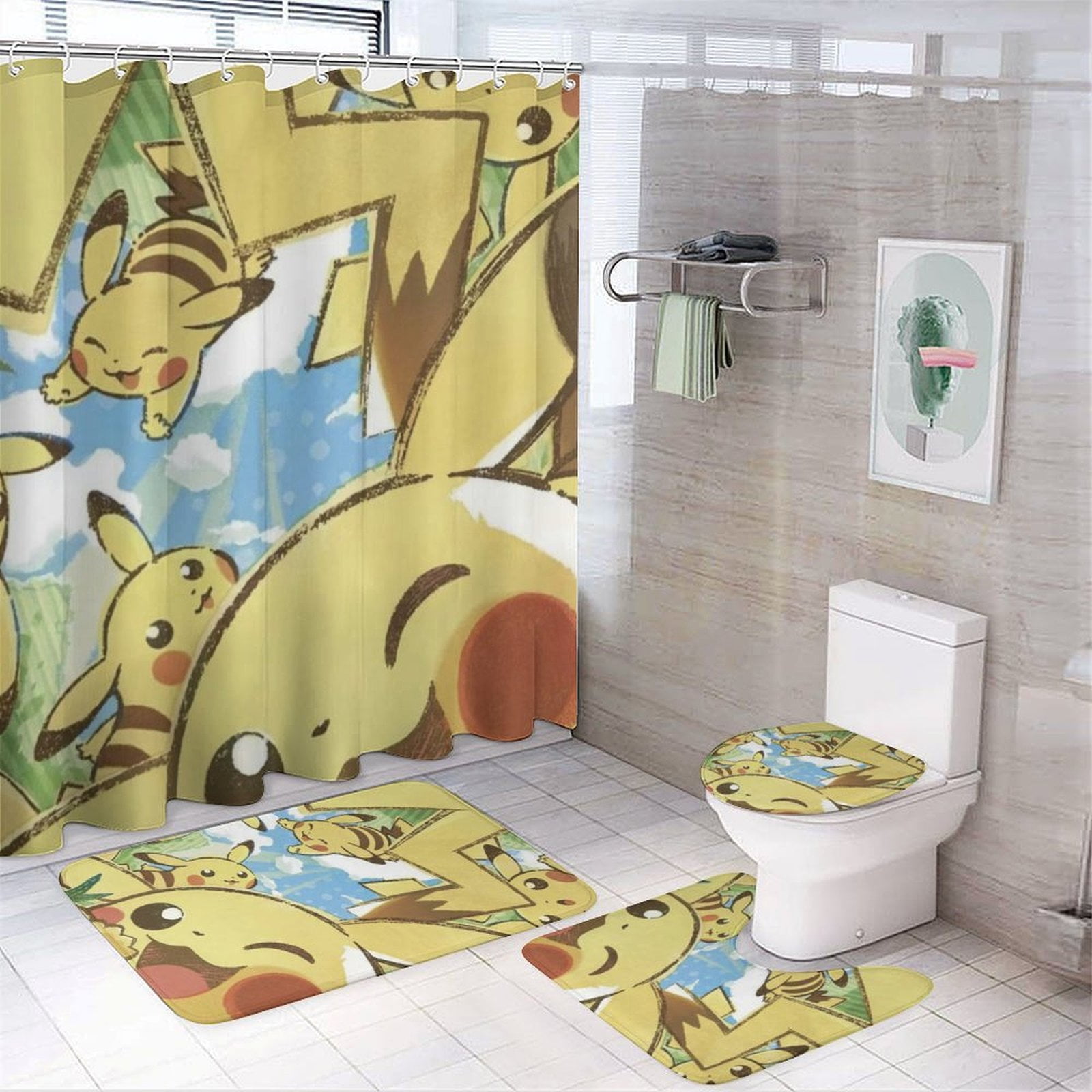 Pikachu Cartoon Shower Curtain Set with Anti-slip Carpet, Toilet Seat ...