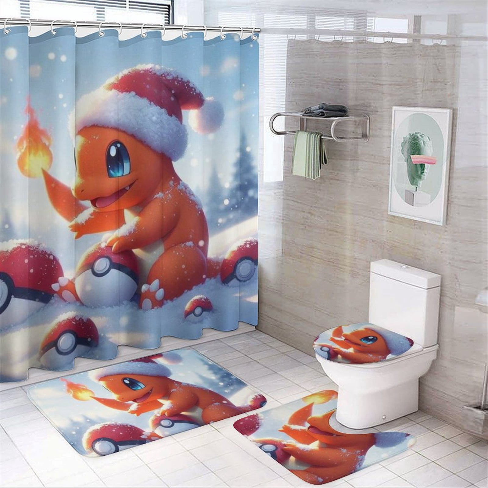 Pikachu Cartoon Shower Curtain Set for Bathroom 4 Piece Bathroom ...